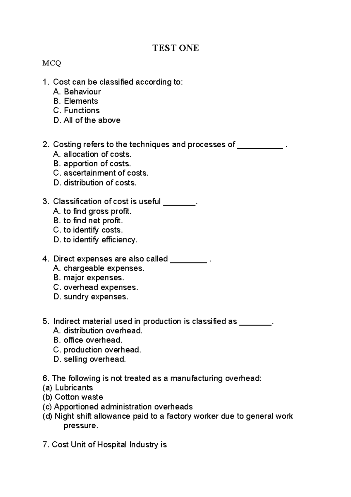 TEST ONE - Course on assignment on cost behaviour and accounting for ...