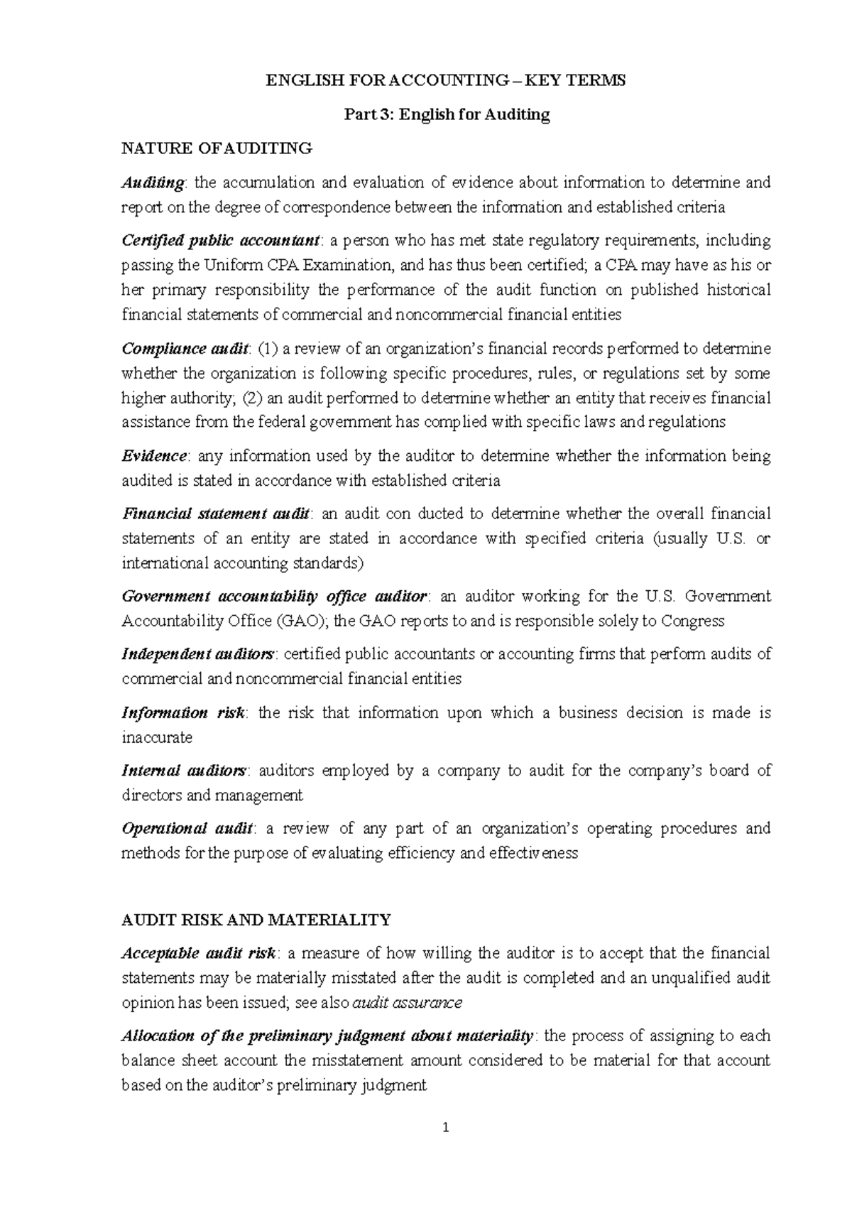 Key terms - Cô - ENGLISH FOR ACCOUNTING – KEY TERMS Part 3: English for ...