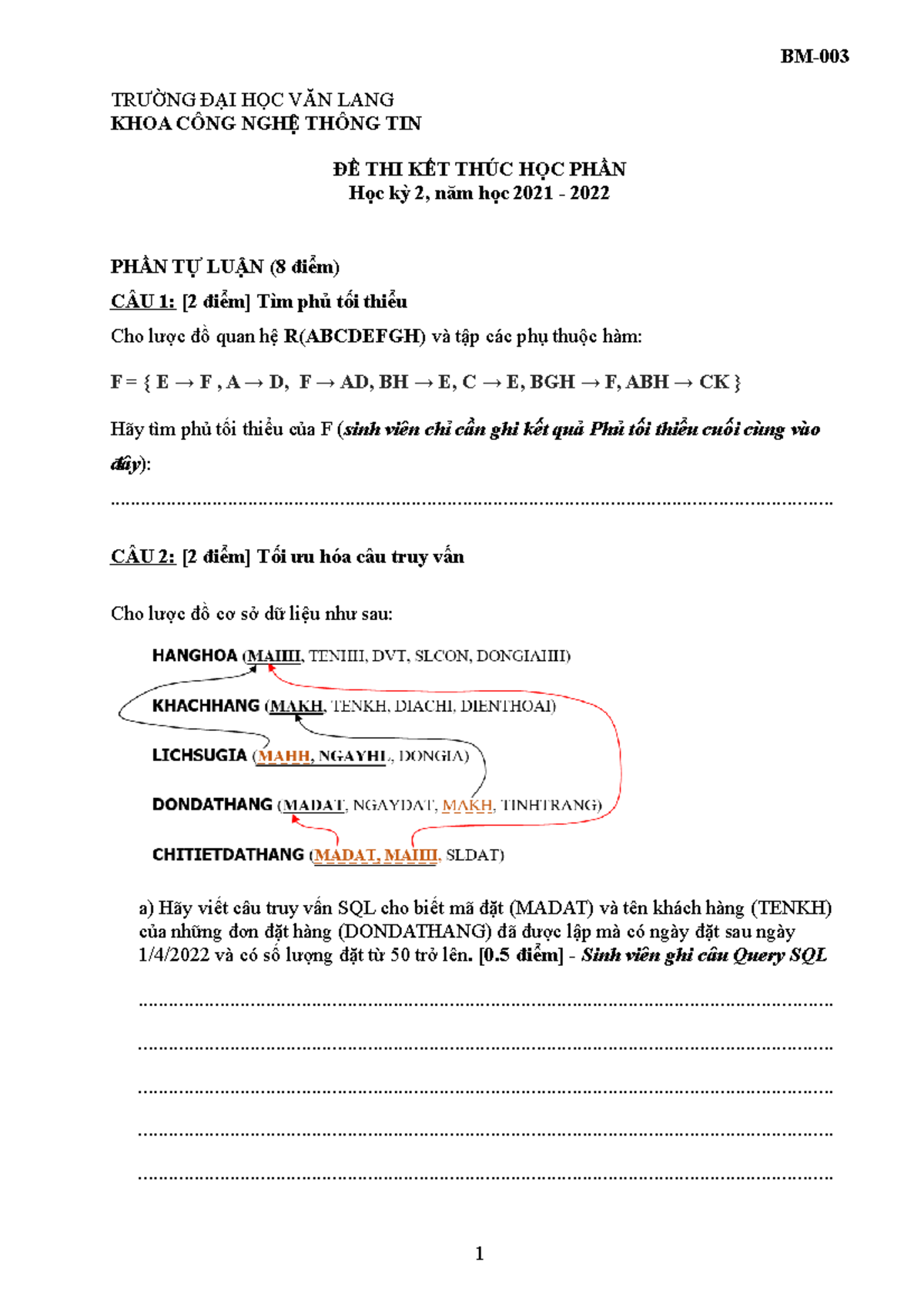 DIT0140 HE QUAN TRI CSDL K26IT TNTL De 1 - Tiểu Luận - Studocu