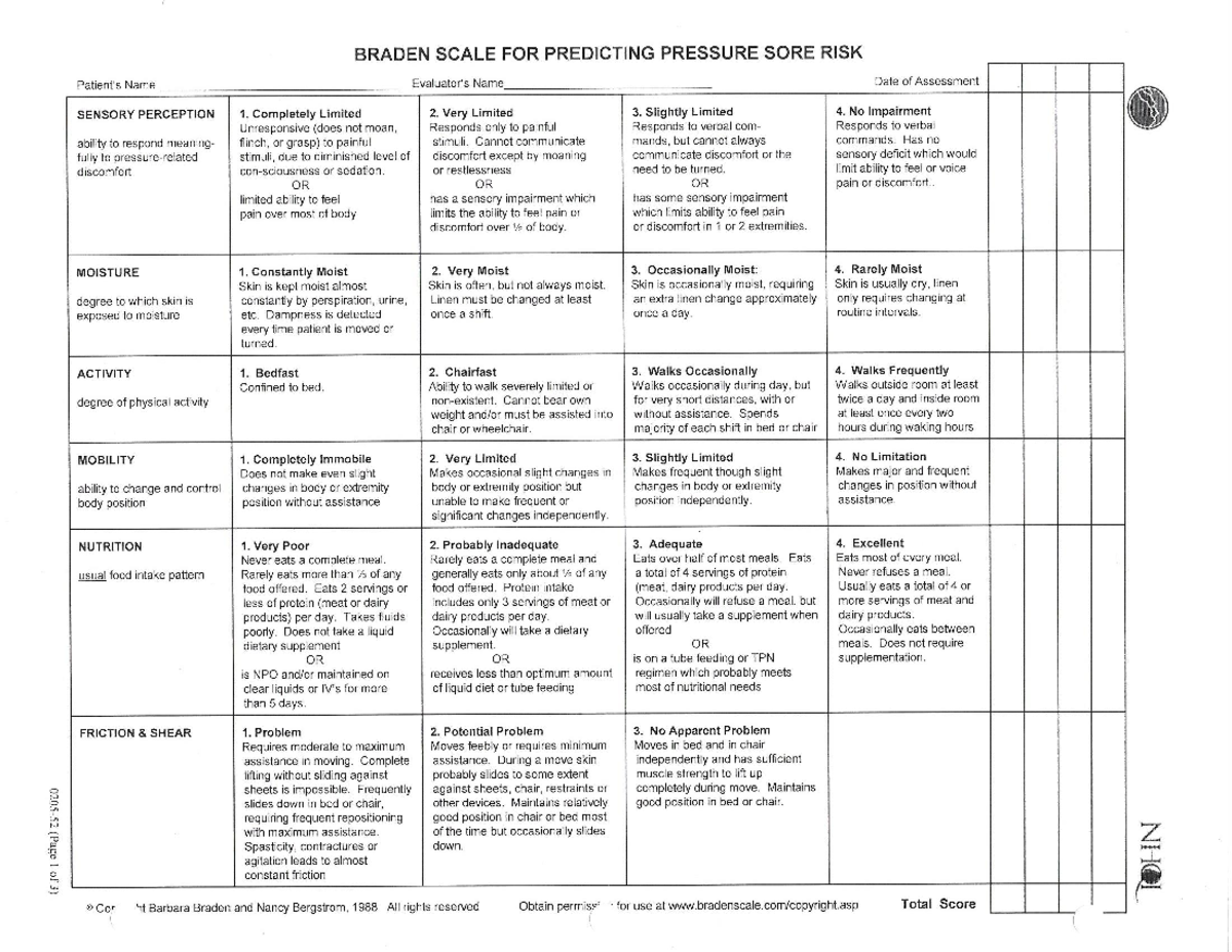 Braden Scale - Summary Nursing Assessment across the Life Span - NURS ...
