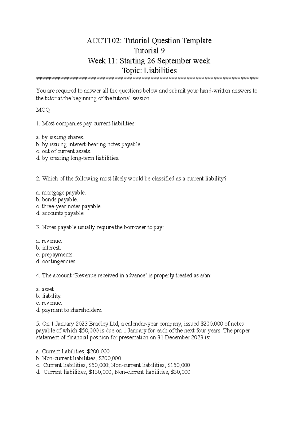 Week 11 Tutorial 9 Template - ACCT102: Tutorial Question Template Tutorial 9 Week 11: Starting ...