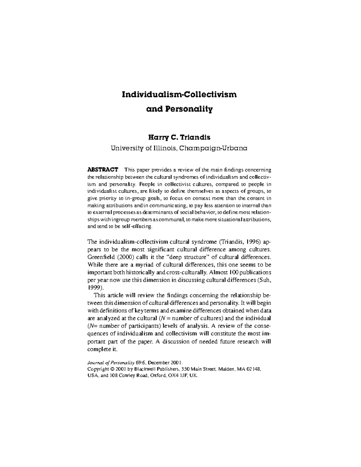 Triandis 2001 JOP69 6 Allocentrism - Individualism-Collectivism and ...