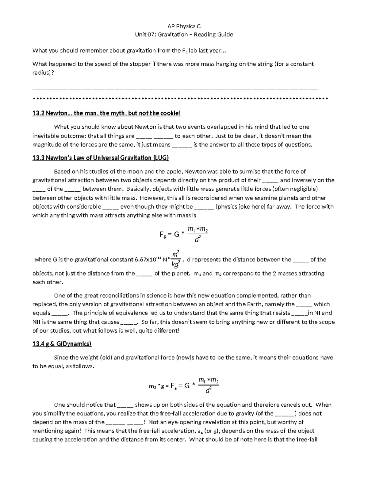 Unit07-Gravitation - talks about gravitation - AP Physics C Unit 07 ...