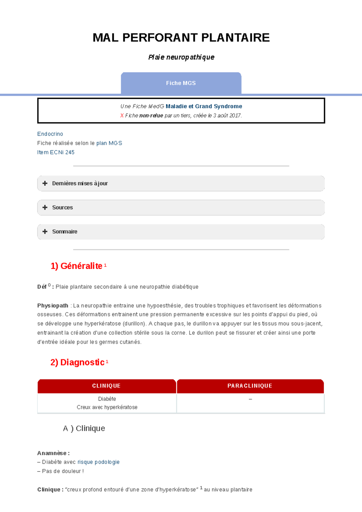 Mal perforant plantaire ou plaie neuropathique - MAL PERFORANT ...