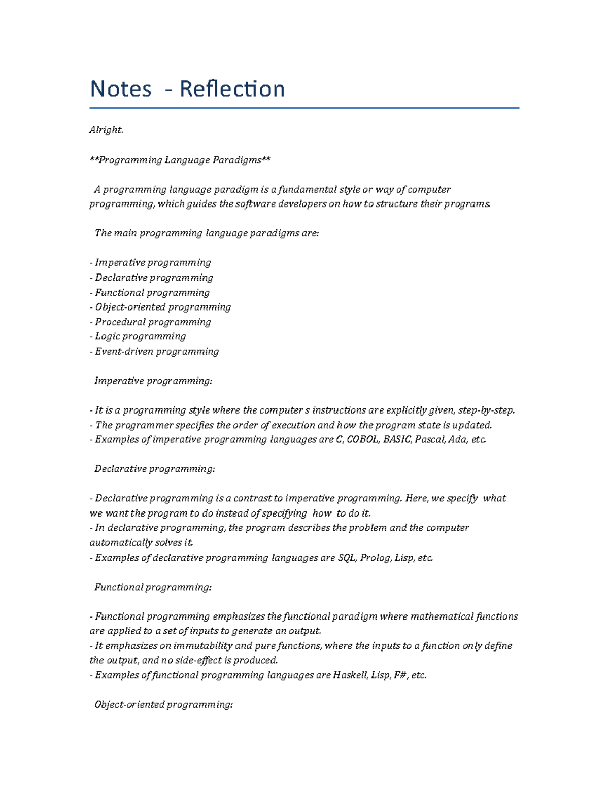 Lecture notes - Reflection - Notes - Reflection Alright. Programming ...