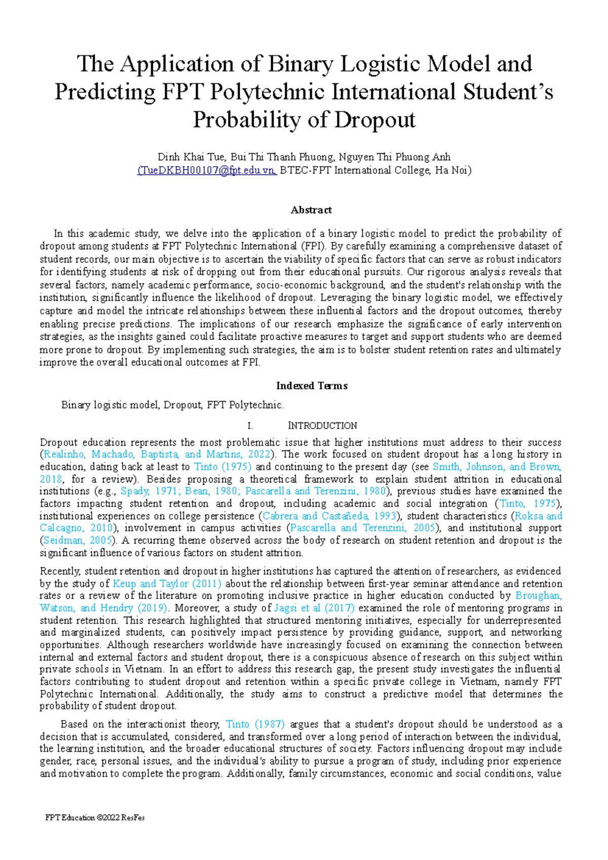 Sample - dưqf - The Application of Binary Logistic Model and Predicting FPT Polytechnic - Studocu