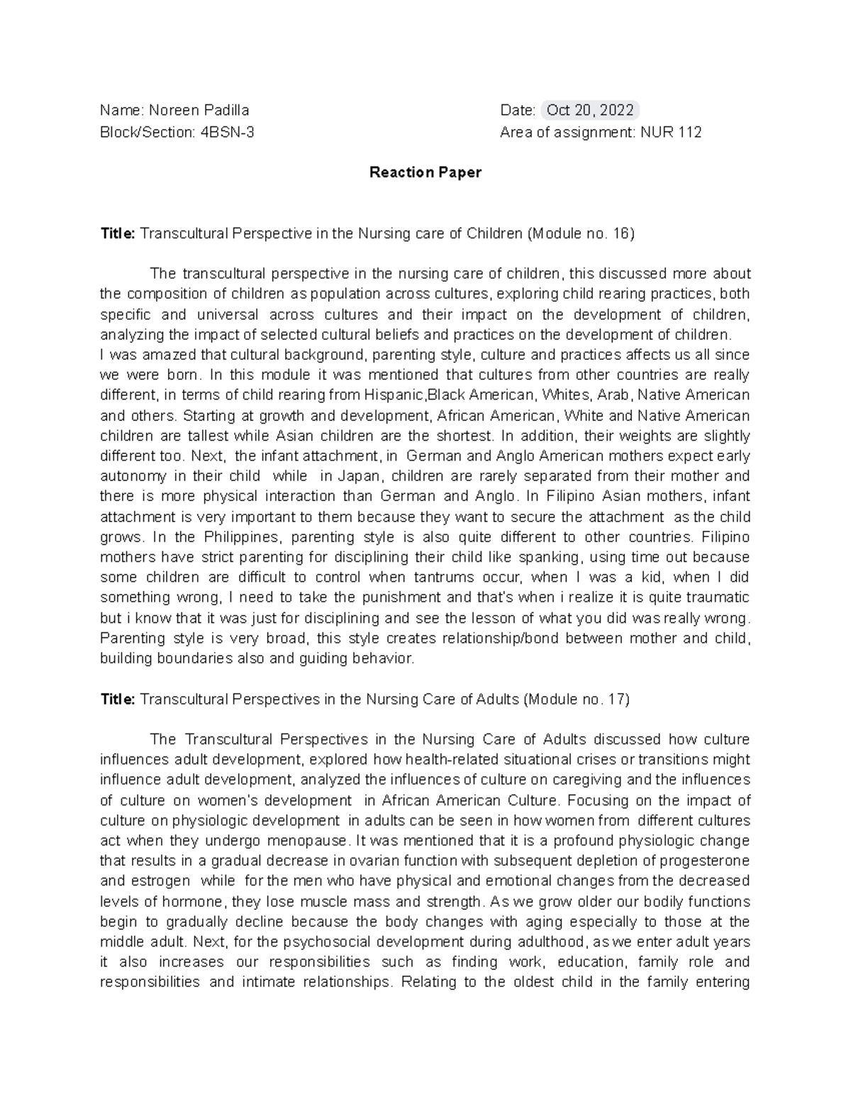 Trancultural Nursing- Reaction Paper - Name: Noreen Padilla Date: Oct ...