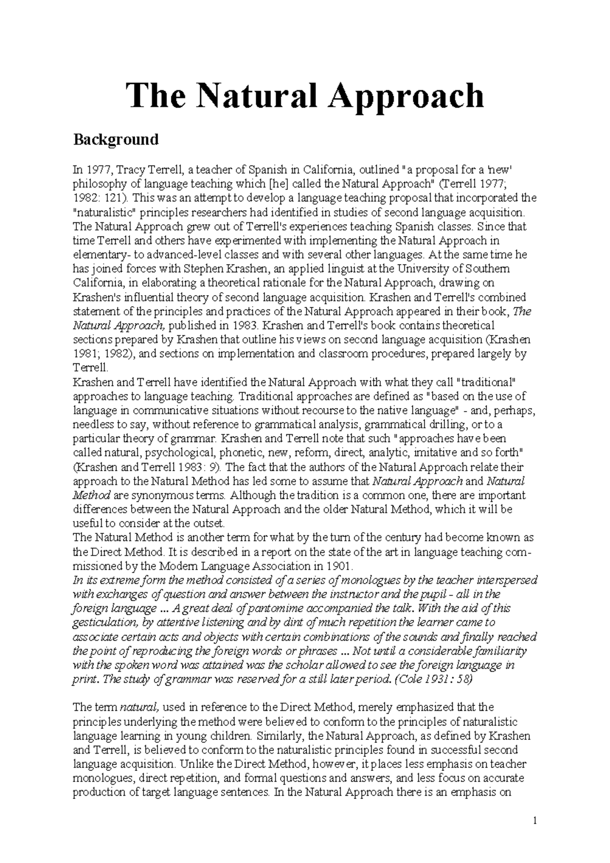 The Natural Approach - The Natural Approach Background In 1977, Tracy ...