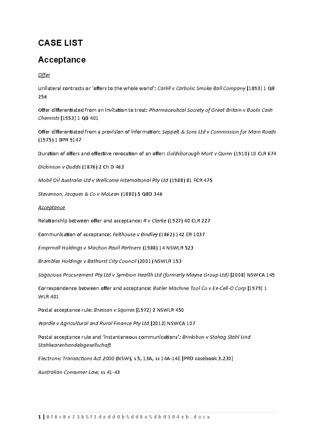 Case List - Final Exam - Case list provided in exam for all cases ...