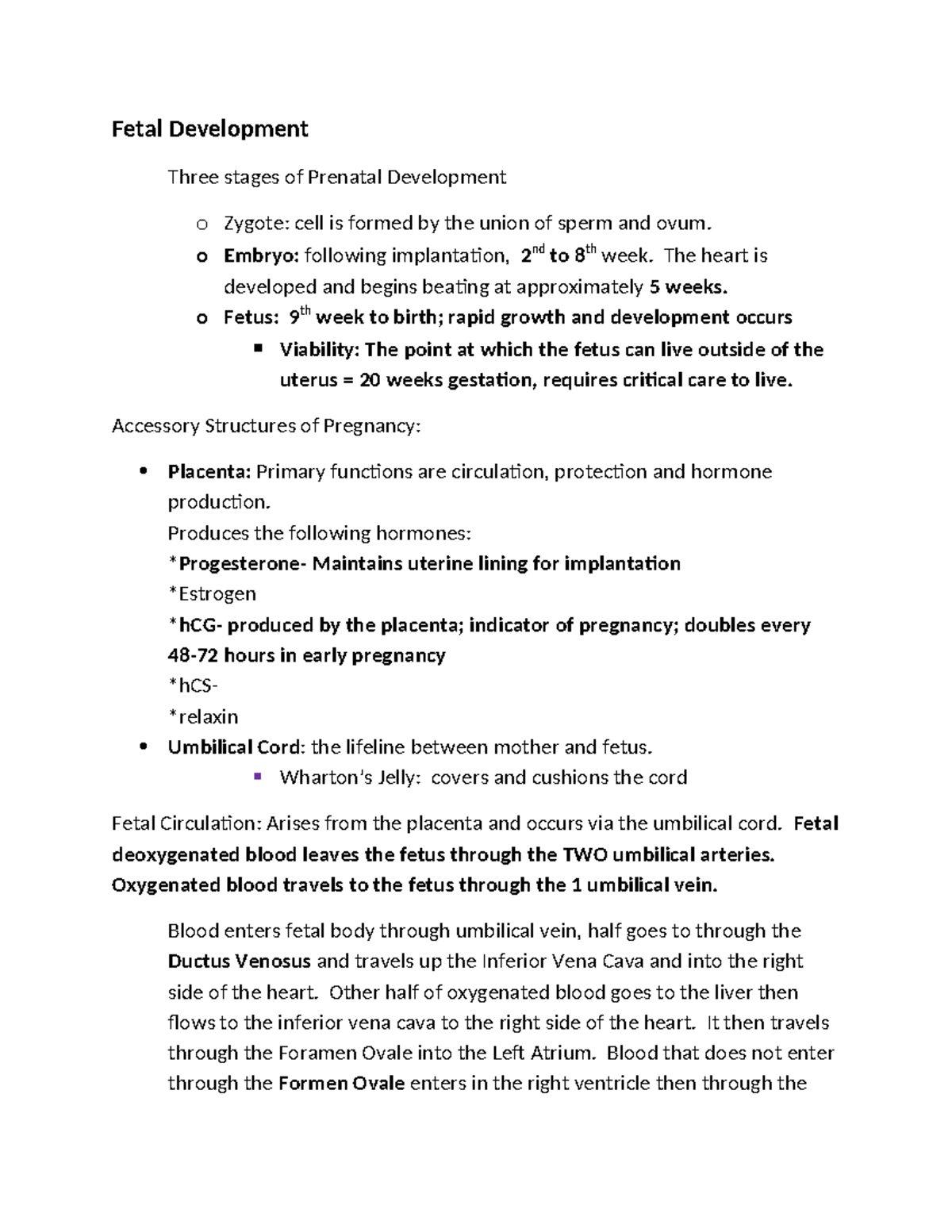 Prenatal notes Fall 2023 - Fetal Development Three stages of Prenatal ...