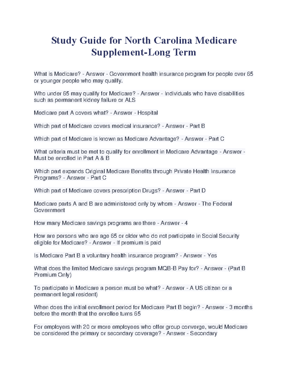Study Guide for North Carolina Medicare Supplement - Study Guide for ...