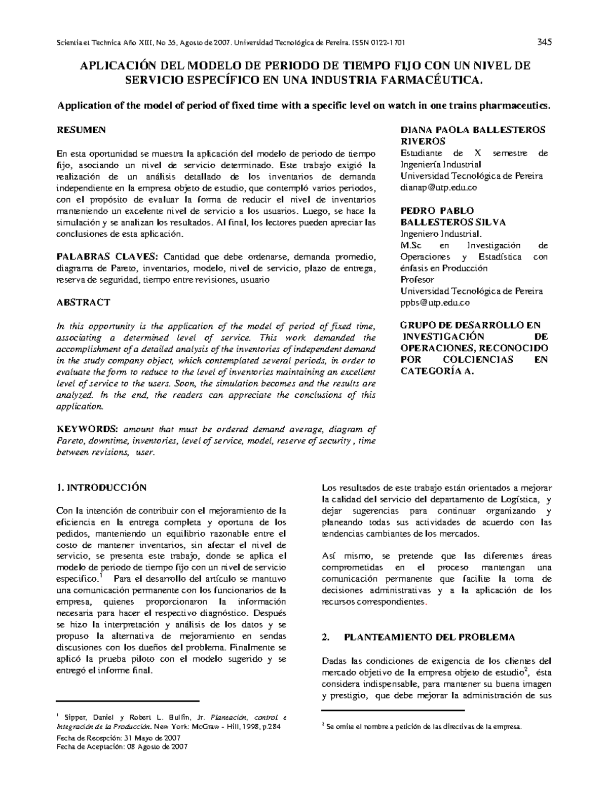 Dialnet- Aplicaciondelmodelodeperiododetiempofijoconunnivel-4804262 - Scientia et Technica Año ...
