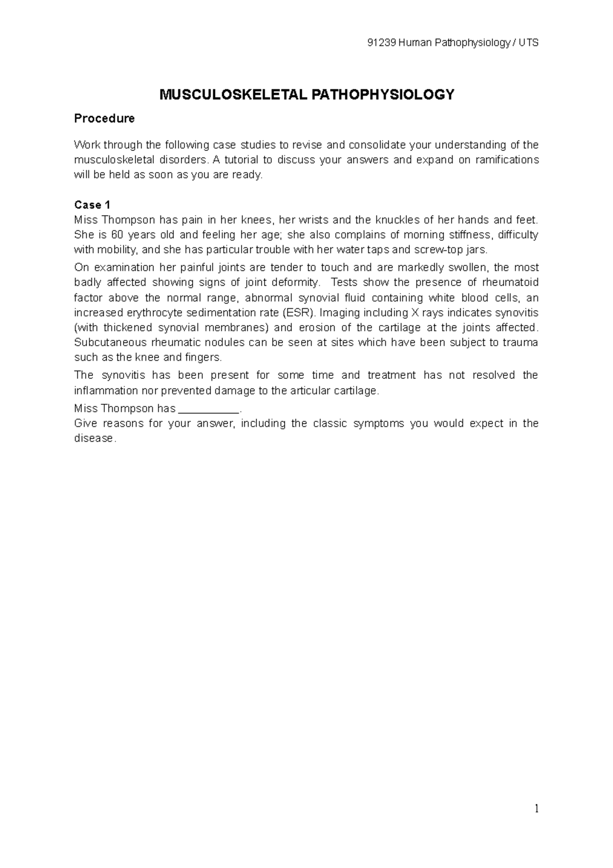 Week 8 - Musculoskeletal Patho worksheet - 91239 Human Pathophysiology ...
