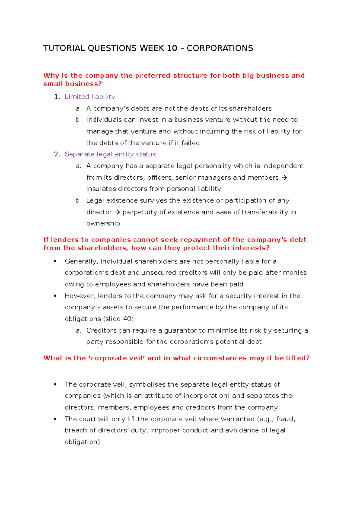 Tutorial Questions WEEK 10 - TUTORIAL QUESTIONS WEEK 10 – CORPORATIONS ...