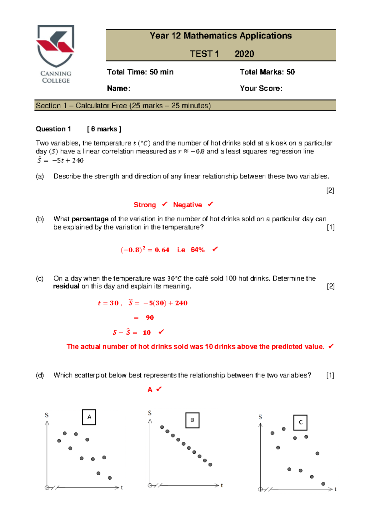 2020Yr12MAATest 1Solutions - Year 1 2 Mathematics Applications TEST 1 ...