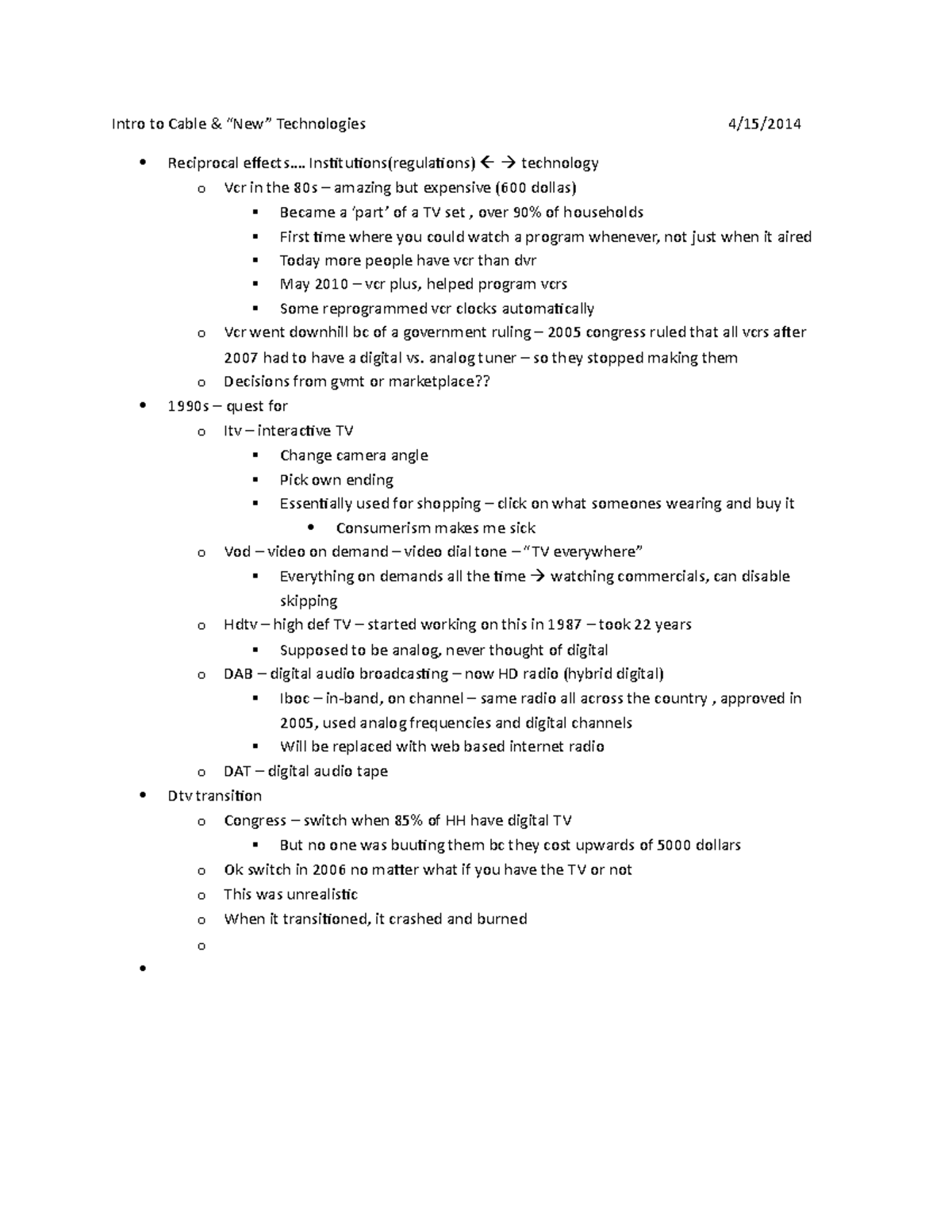 Intro to Cable 4 - Media Industries and Institutions notes - Intro to ...