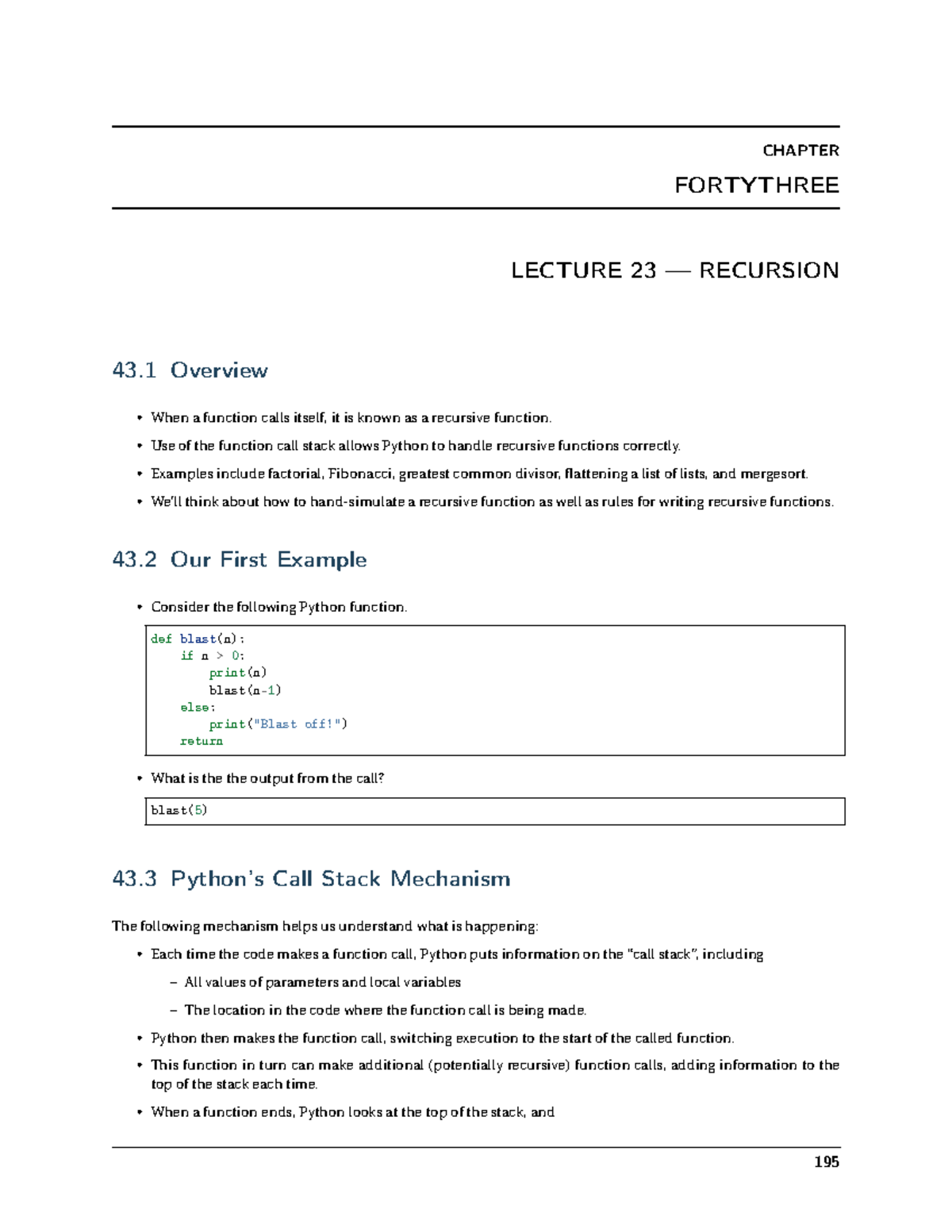 Computer Science Lecture 23 Chapter Fortythree Lecture 23 — Recursion 43 Overview When A
