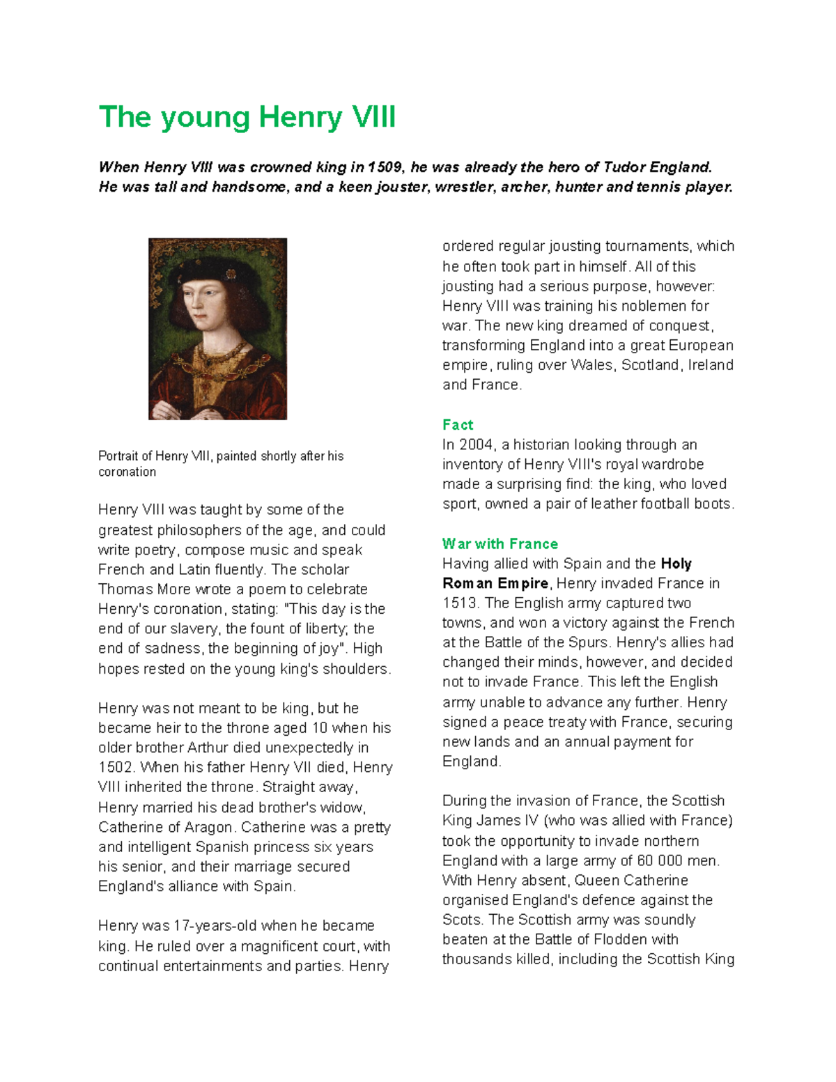 The young Henry VIl I - Reading Sheet - The young Henry VIII When Henry ...
