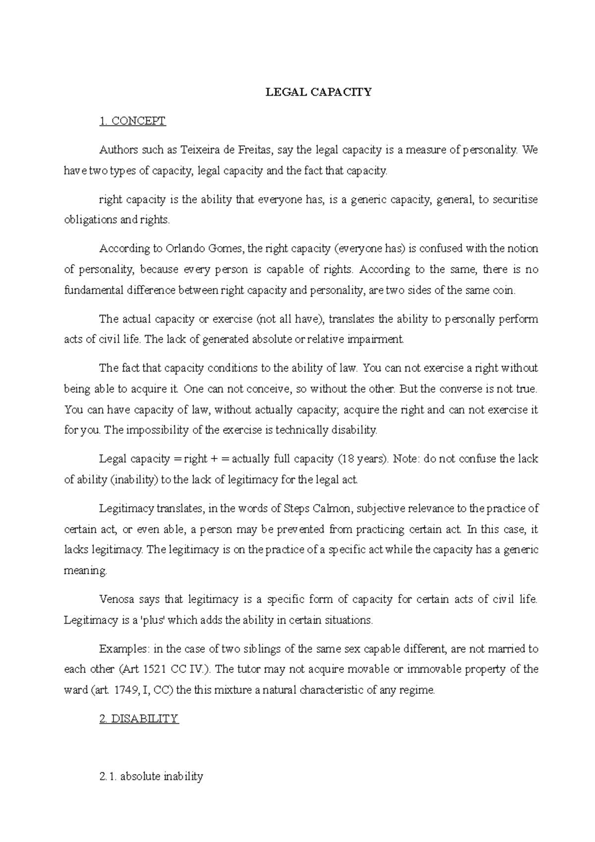 Legal capacity - LEGAL CAPACITY 1. CONCEPT Authors such as Teixeira de ...