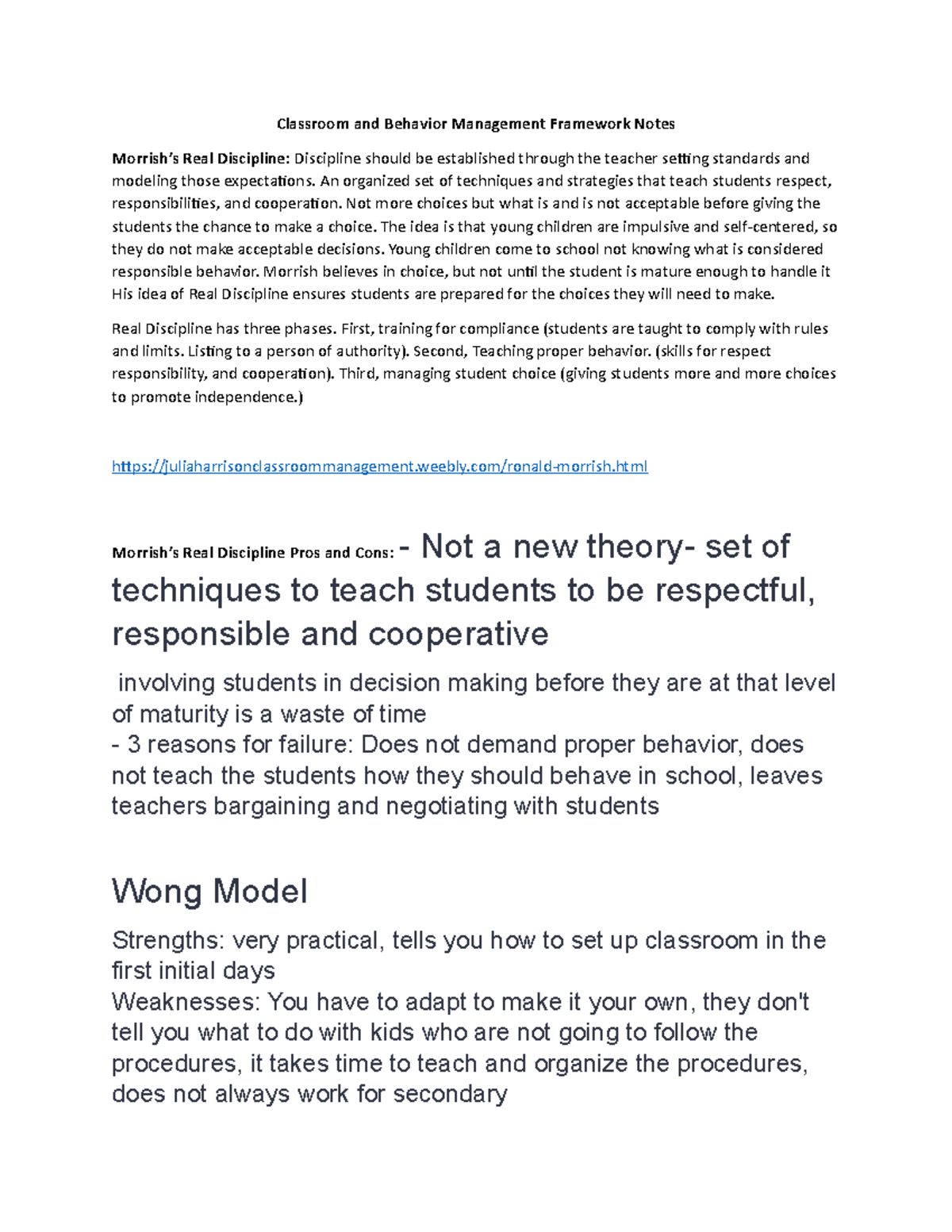 Classroom and Behavior Management Framework Notes 1 - Classroom and ...