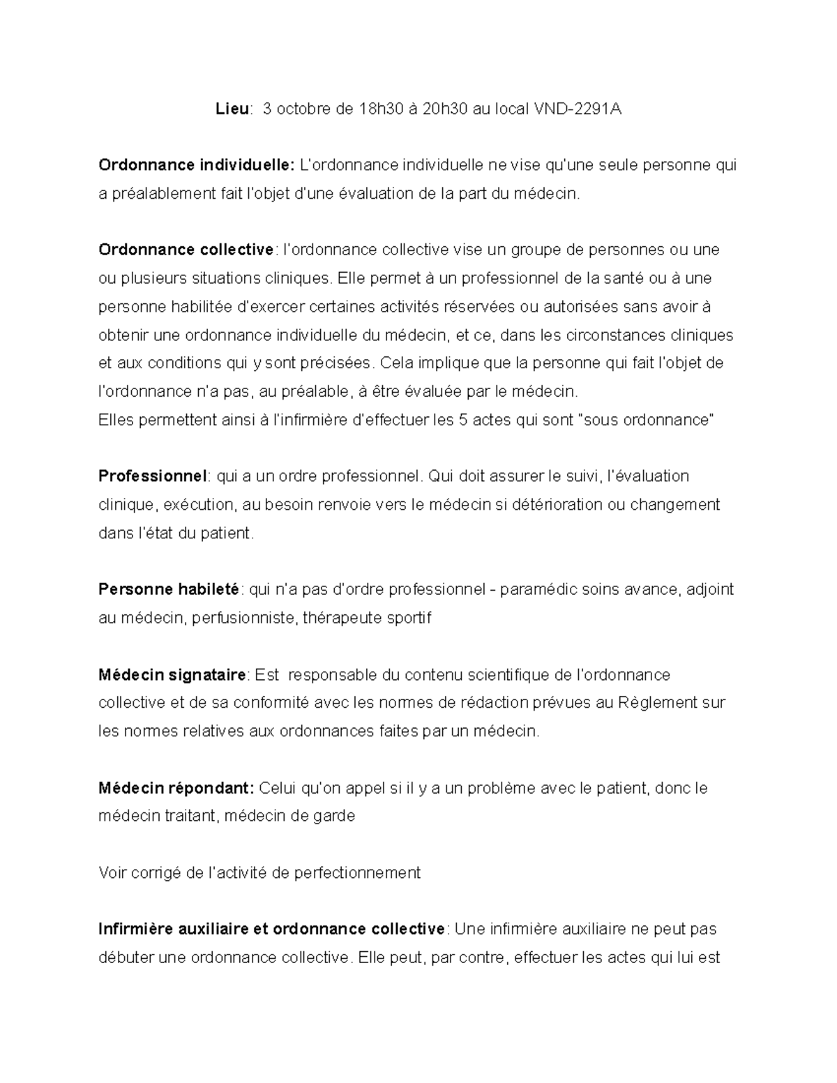 Document étude Examen 1 Pratique infirmière - Lieu: 3 octobre de 18h30 ...
