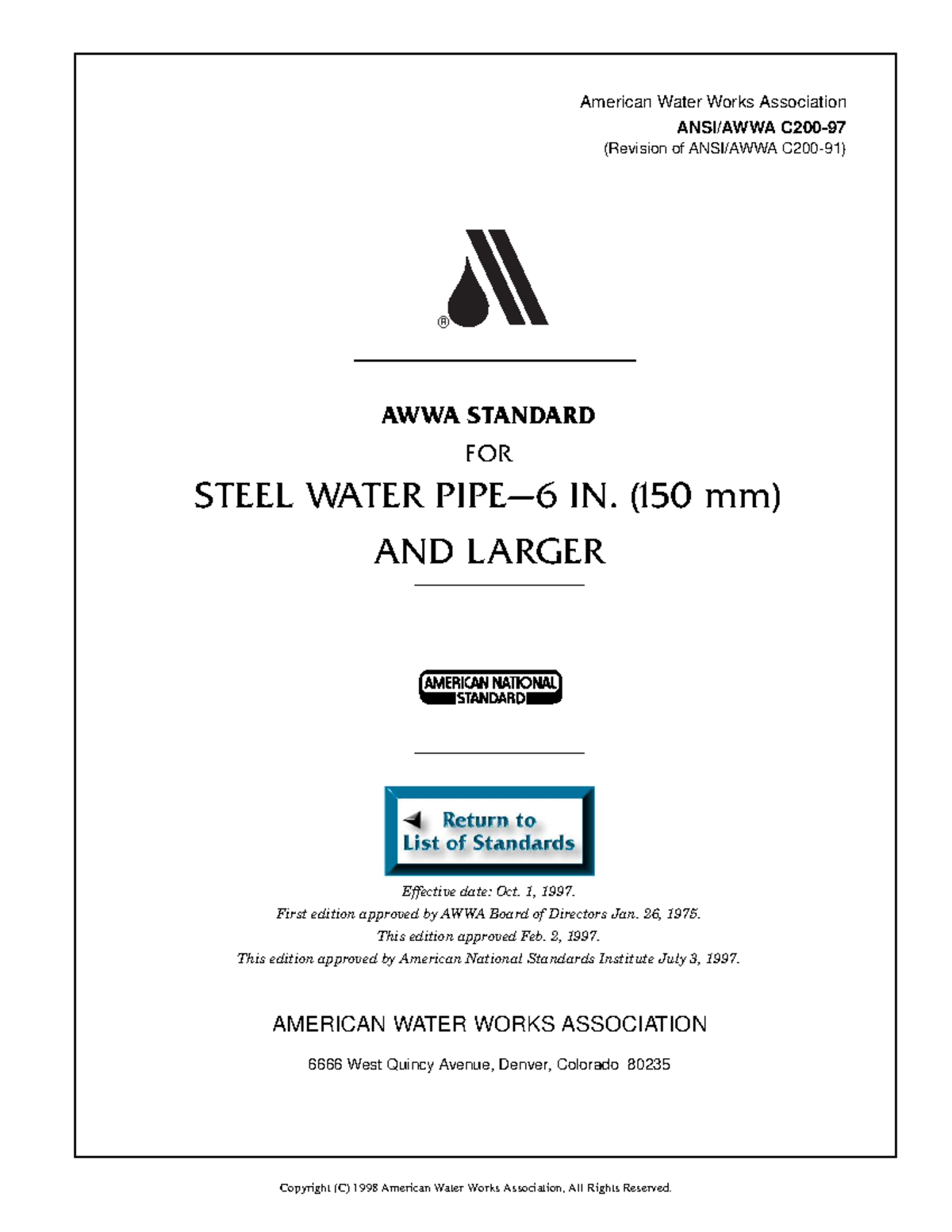 AWWA Standard FOR Steel Water PIPE 6 IN - AMERICAN WATER WORKS ...