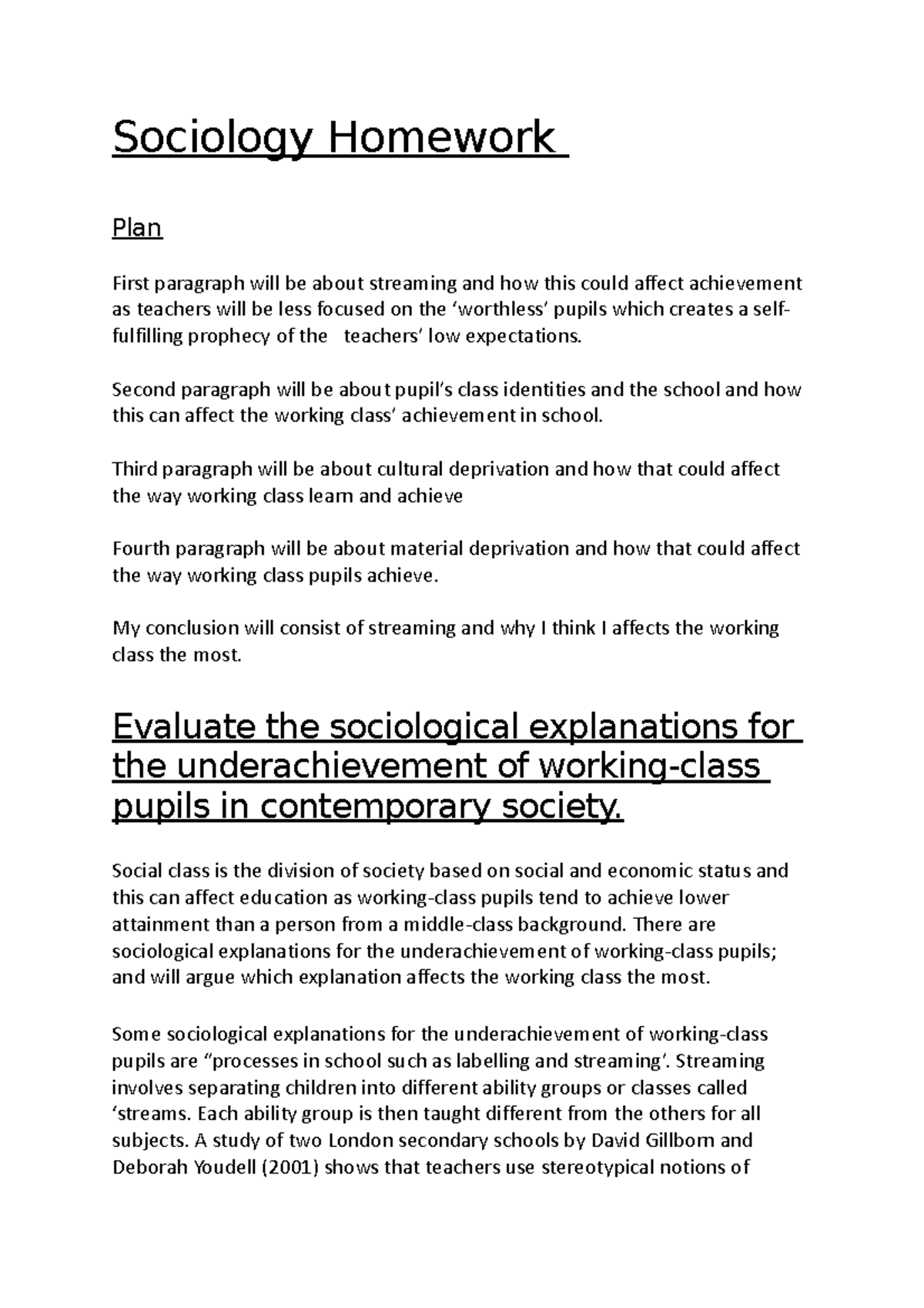 Sociology Homework - Sociology Homework Plan First paragraph will be ...