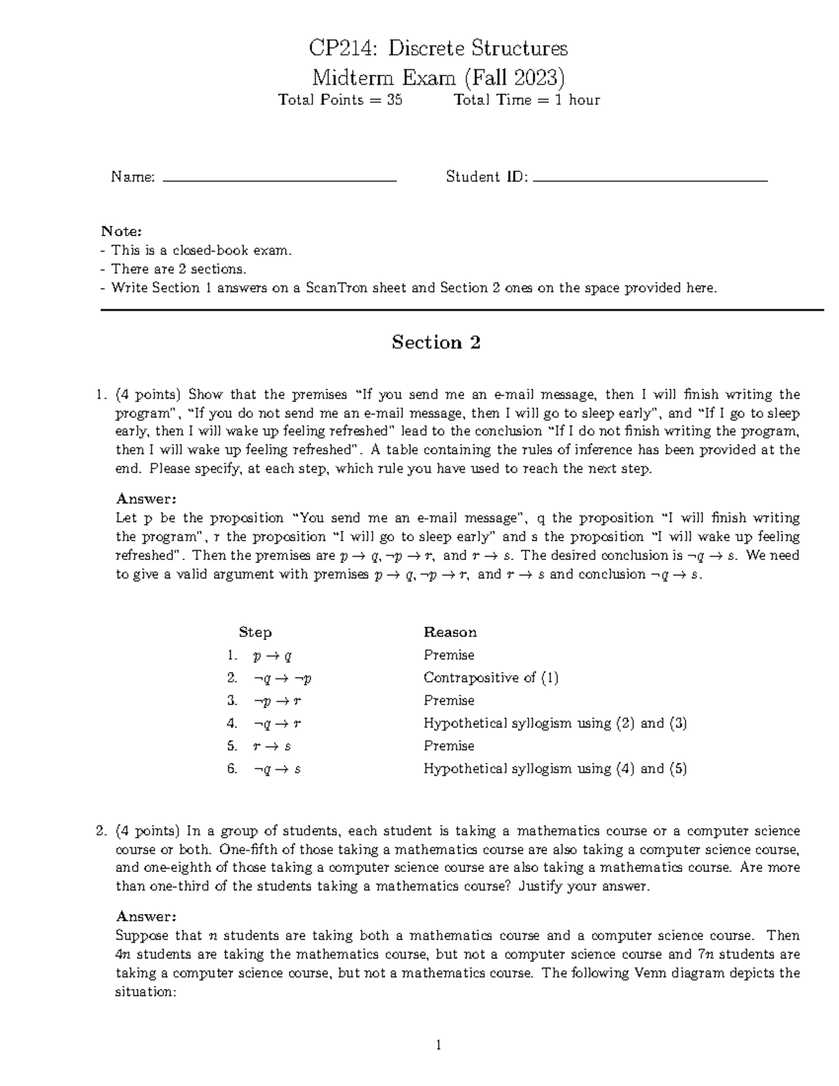 CP214 Midterm Exam-Section 2 Answers - CP214: Discrete Structures ...