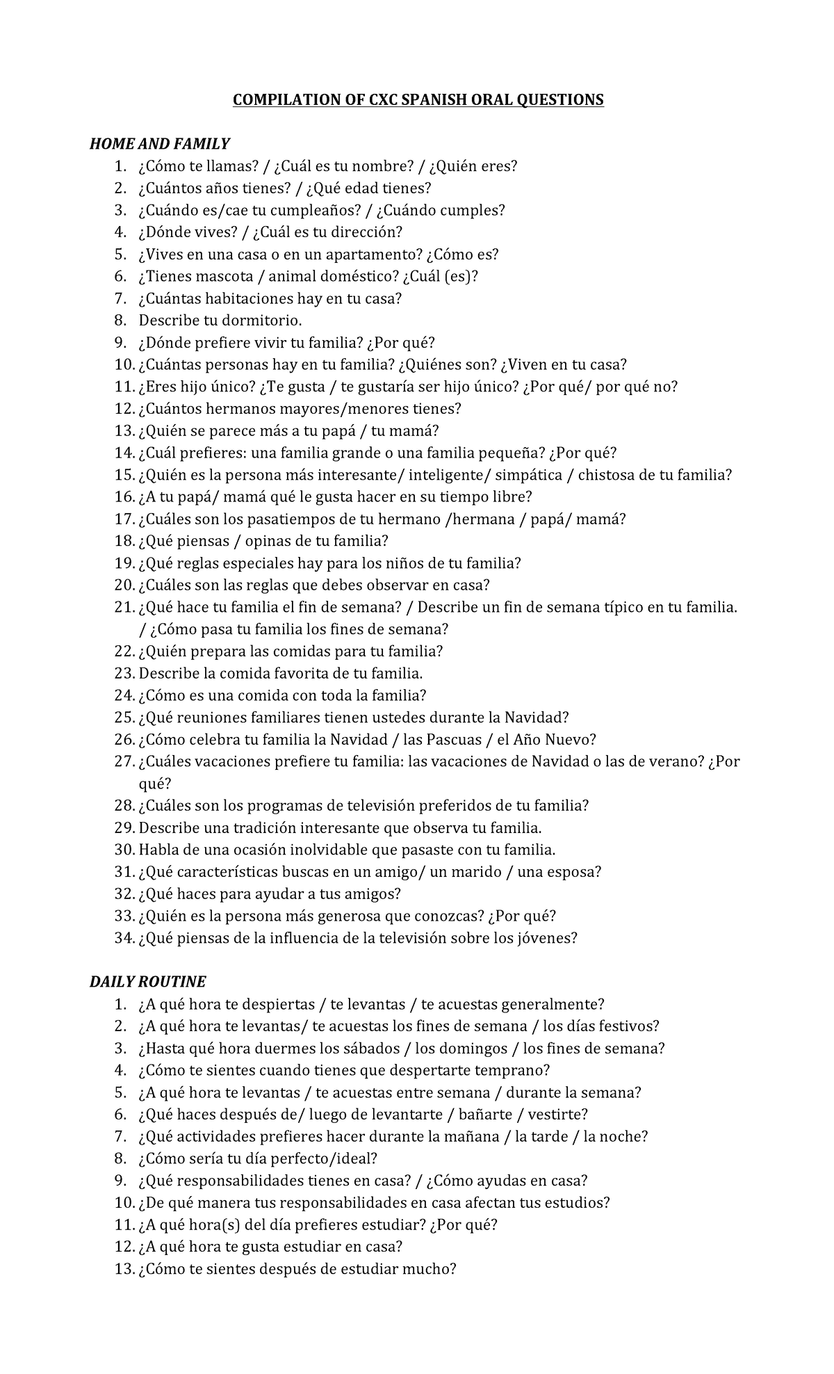 Compilation OF CXC Spanish ORAL Questions - COMPILATION OF CXC SPANISH ...