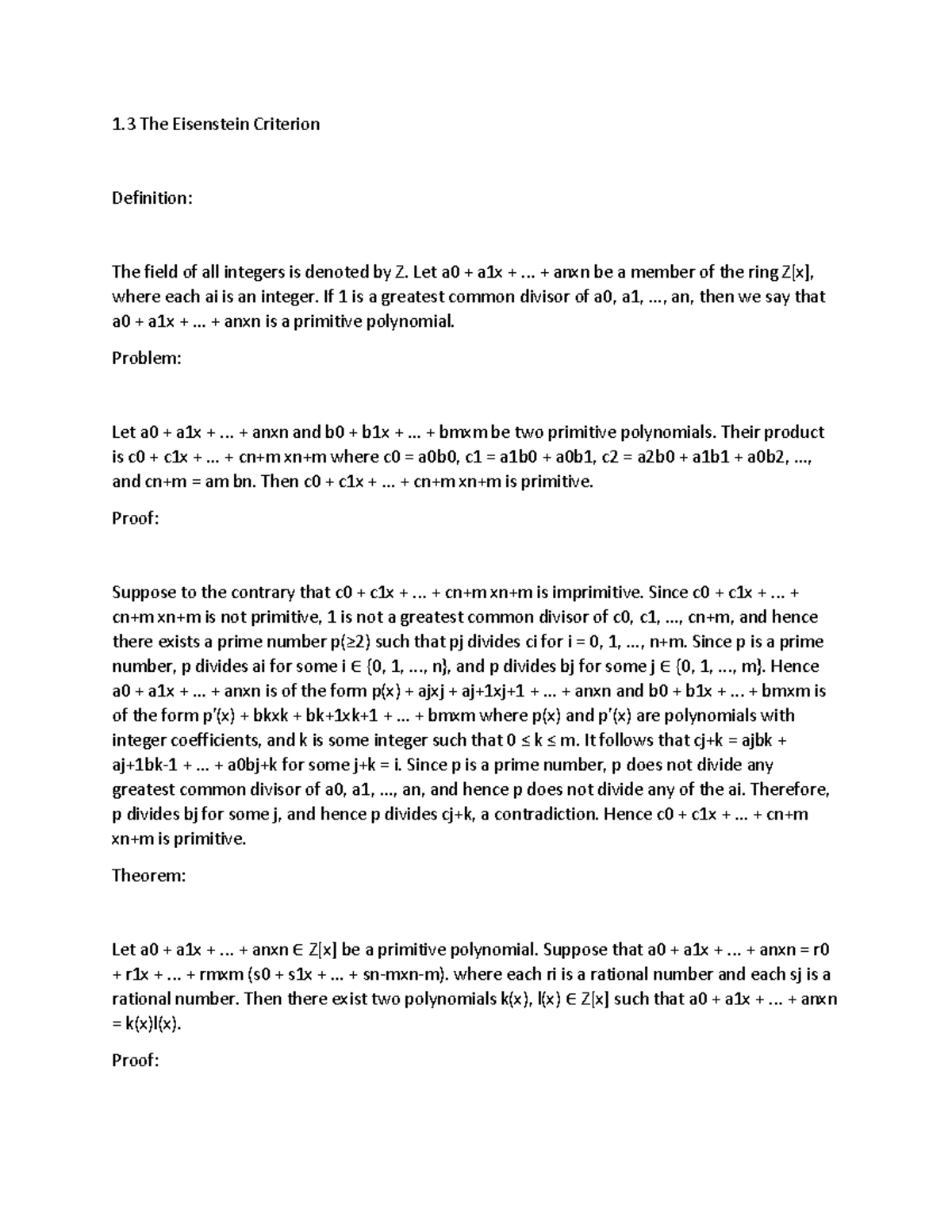 5 - The Eisenstein Criterion is a mathematical theorem that can be used ...