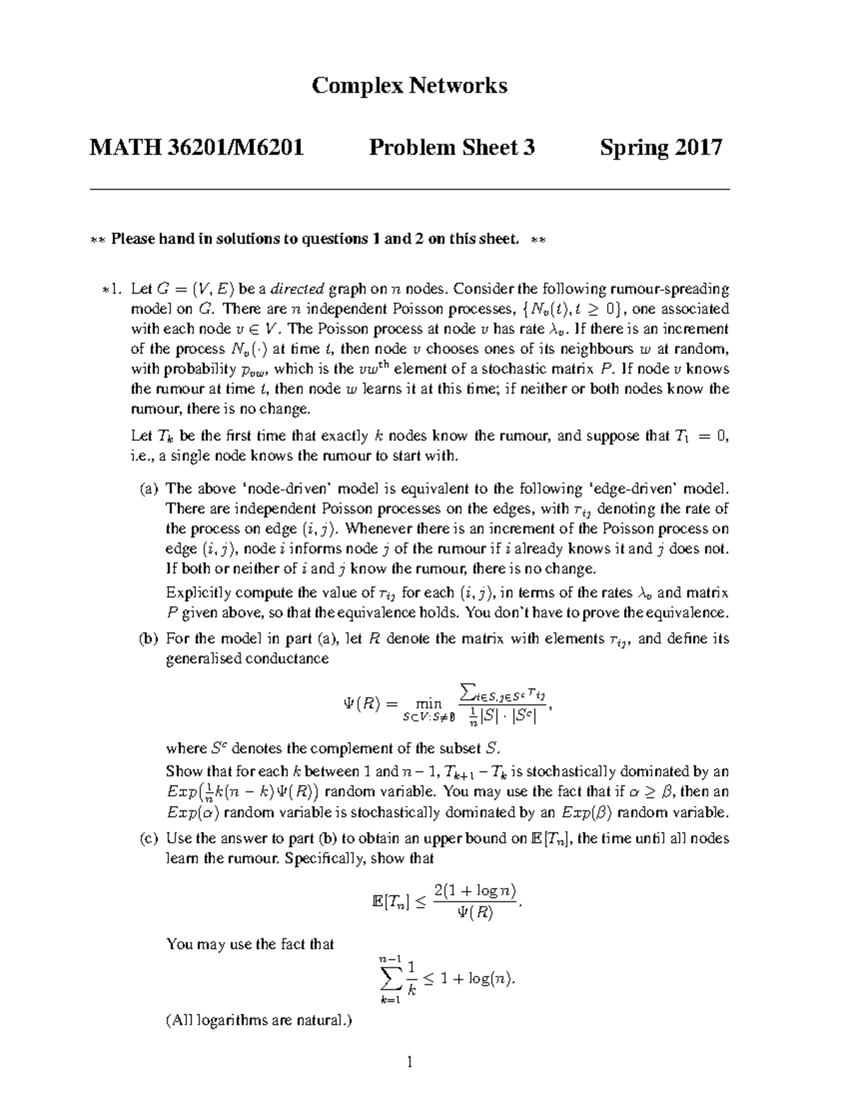 MATH36201 2016-2017 Problem Sheet 3 - Complex Networks MATH 36201/M6201 ...