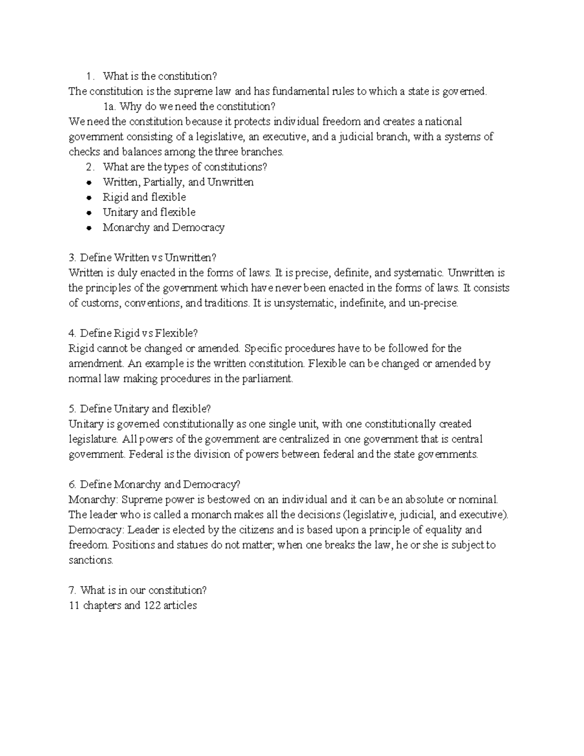 Mandatory Graded Study Guide One - 1. What is the constitution? The ...