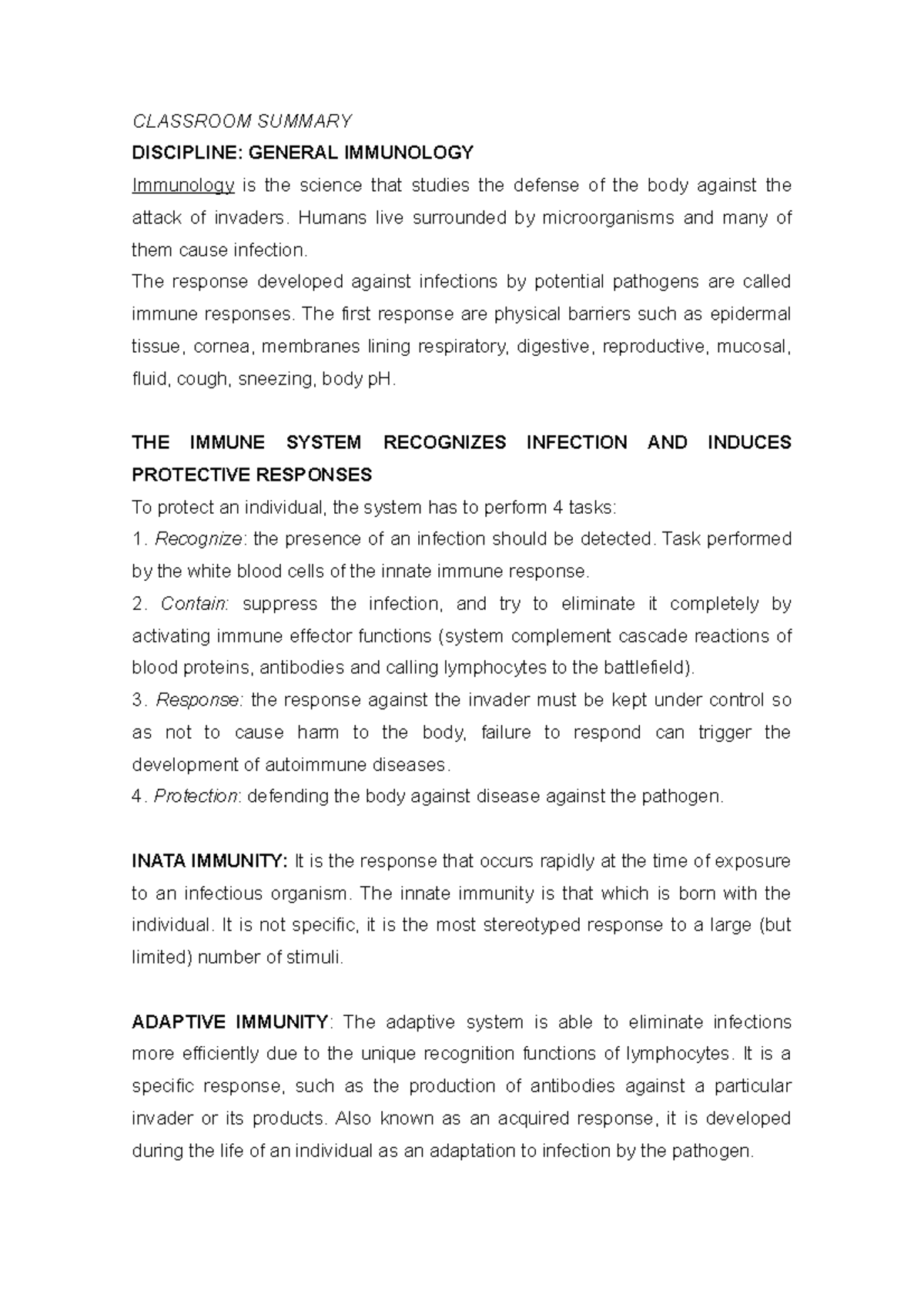 General Immunology Class 1 - CLASSROOM SUMMARY DISCIPLINE: GENERAL ...