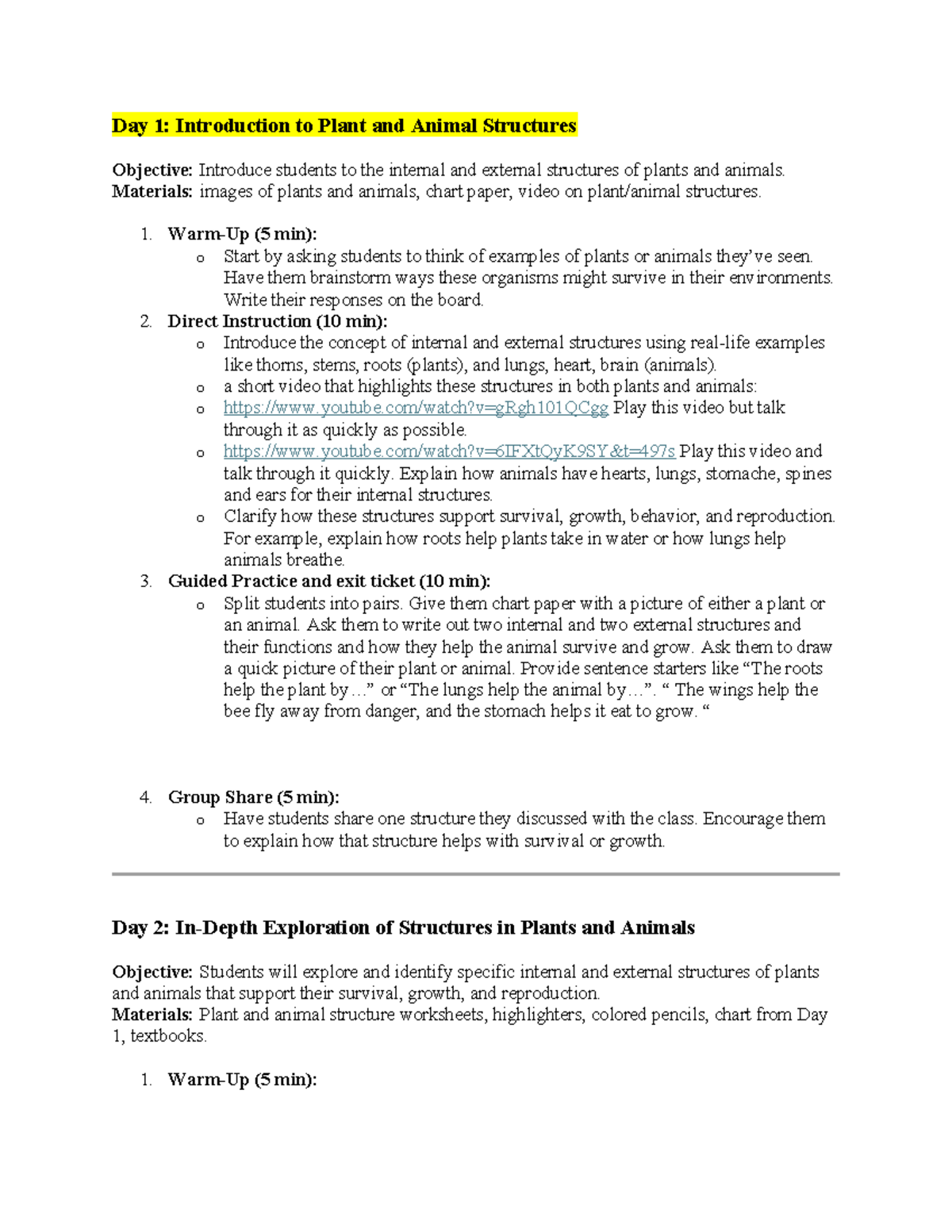 Science lesson plan - Day 1: Introduction to Plant and Animal ...