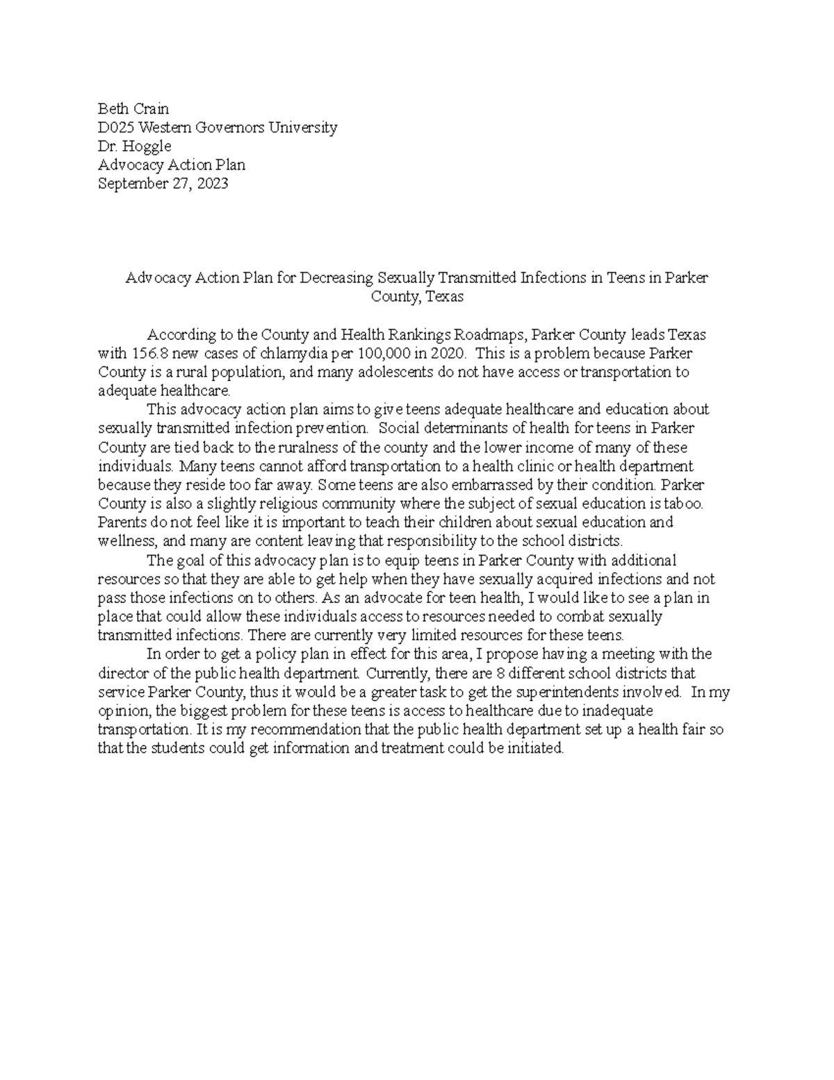 Advocacy Action Plan - Beth Crain D025 Western Governors University Dr ...