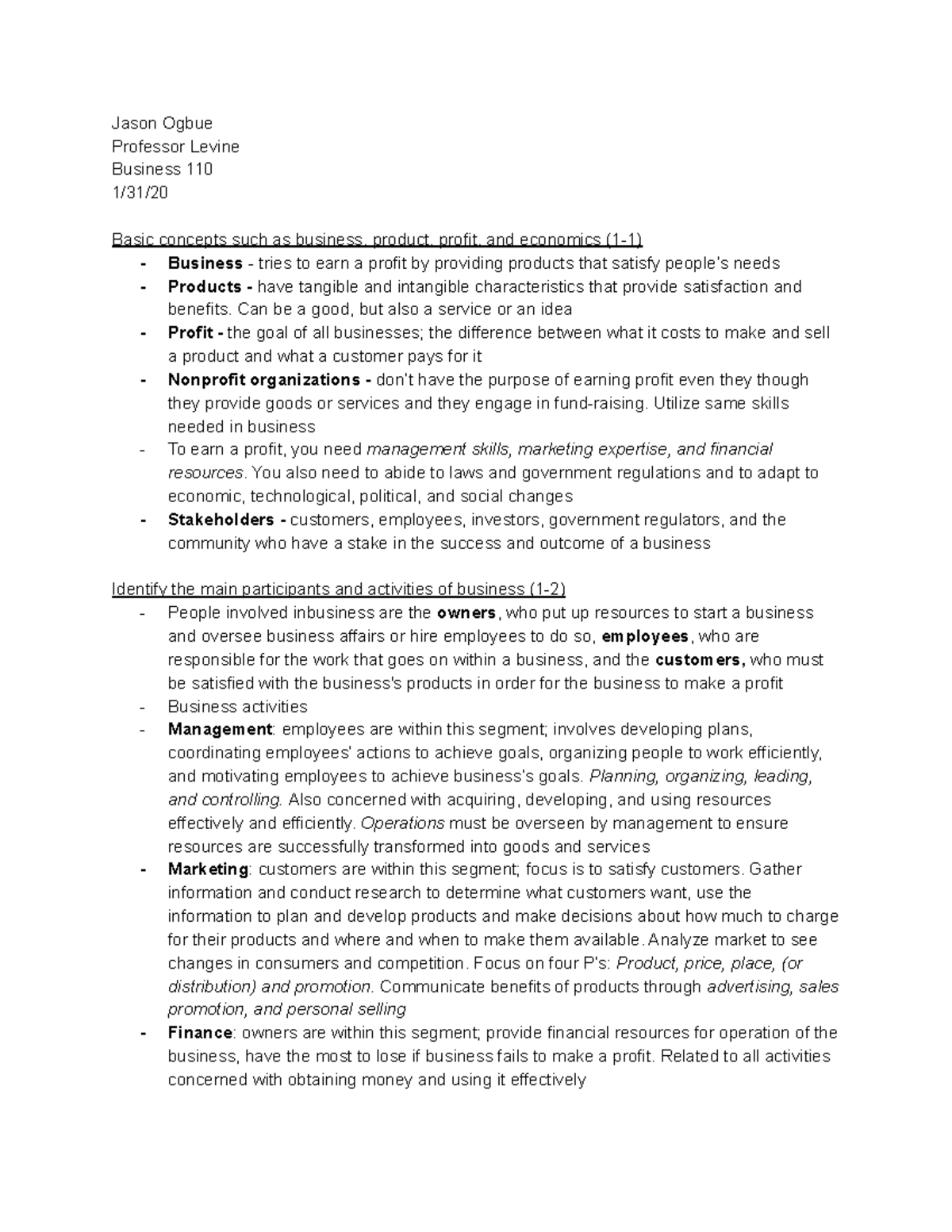 BUS 110 Chapter 1 - Jason Ogbue Professor Levine Business 110 1/31 ...