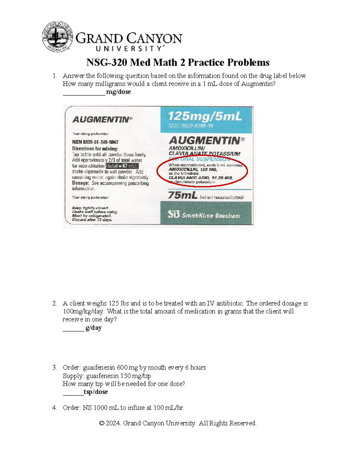 NSG-320 Med Math Practice 2 - NSG-320 Med Math 2 Practice Problems ...