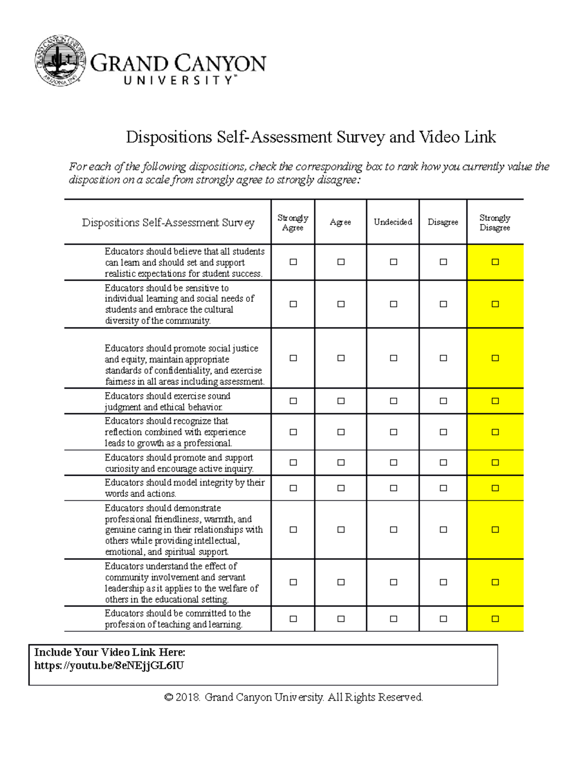 Unv 108 T5 Dispositions Self Assessment Survey Dispositions Self