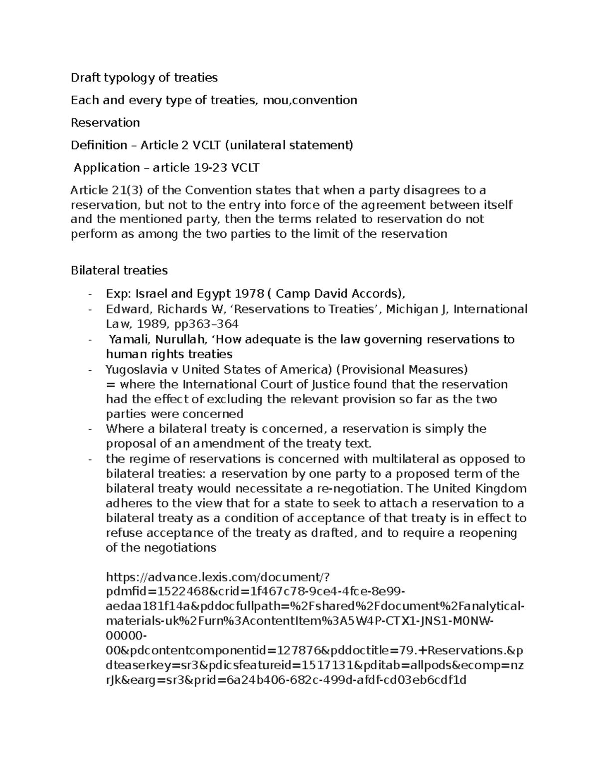 Draft typology of treaties - Public International Law - MMU - Studocu