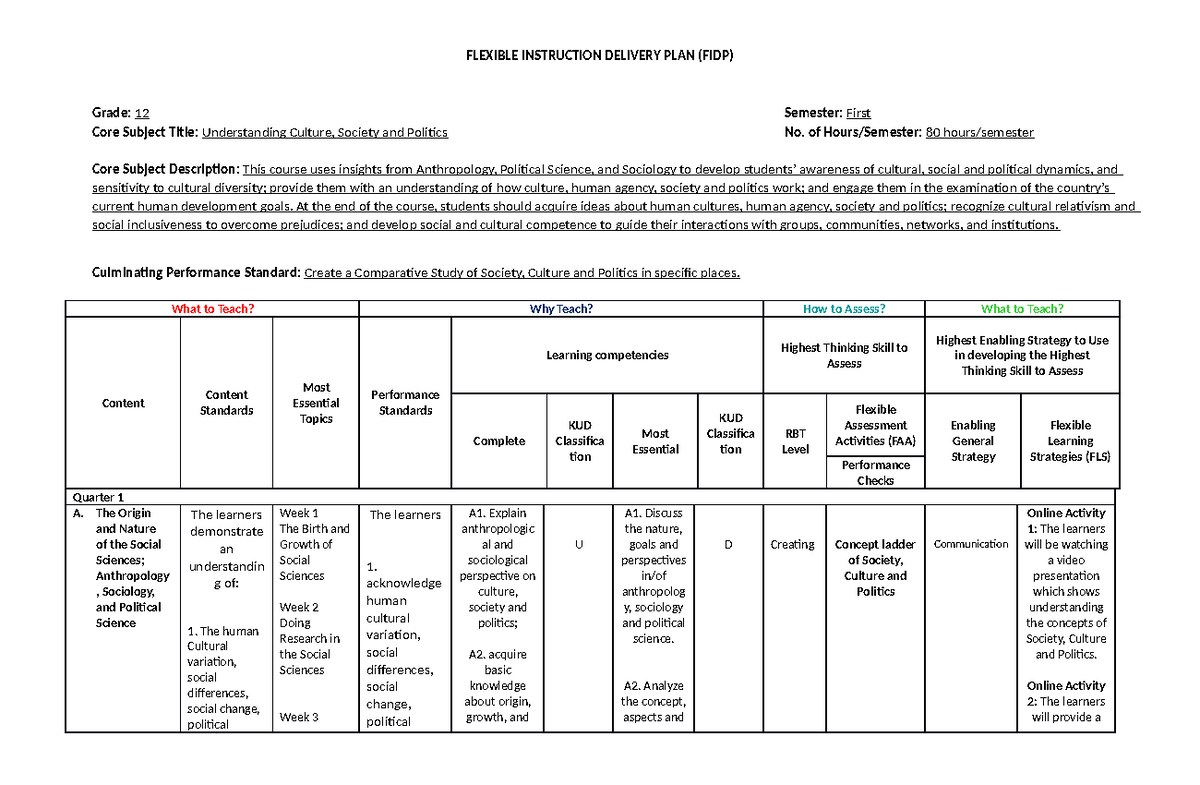 UCSP - great notes - FLEXIBLE INSTRUCTION DELIVERY PLAN (FIDP) Grade ...