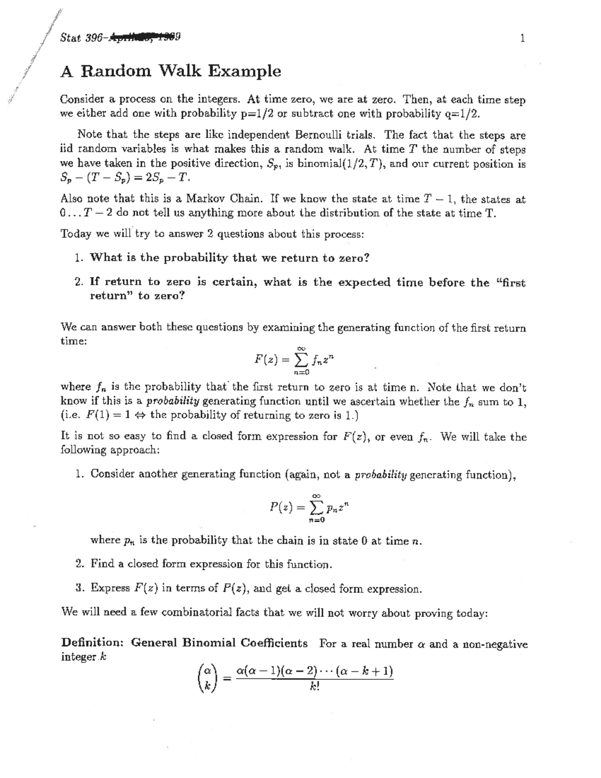 Random walks unbounded - Stat 396—W9 1 A Random Walk Example Consider a ...
