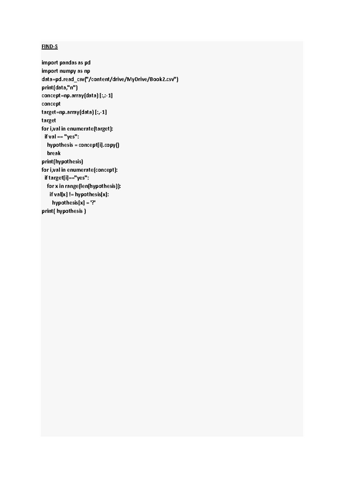 Ml - lab experiments - FIND-S import pandas as pd import numpy as np - Studocu