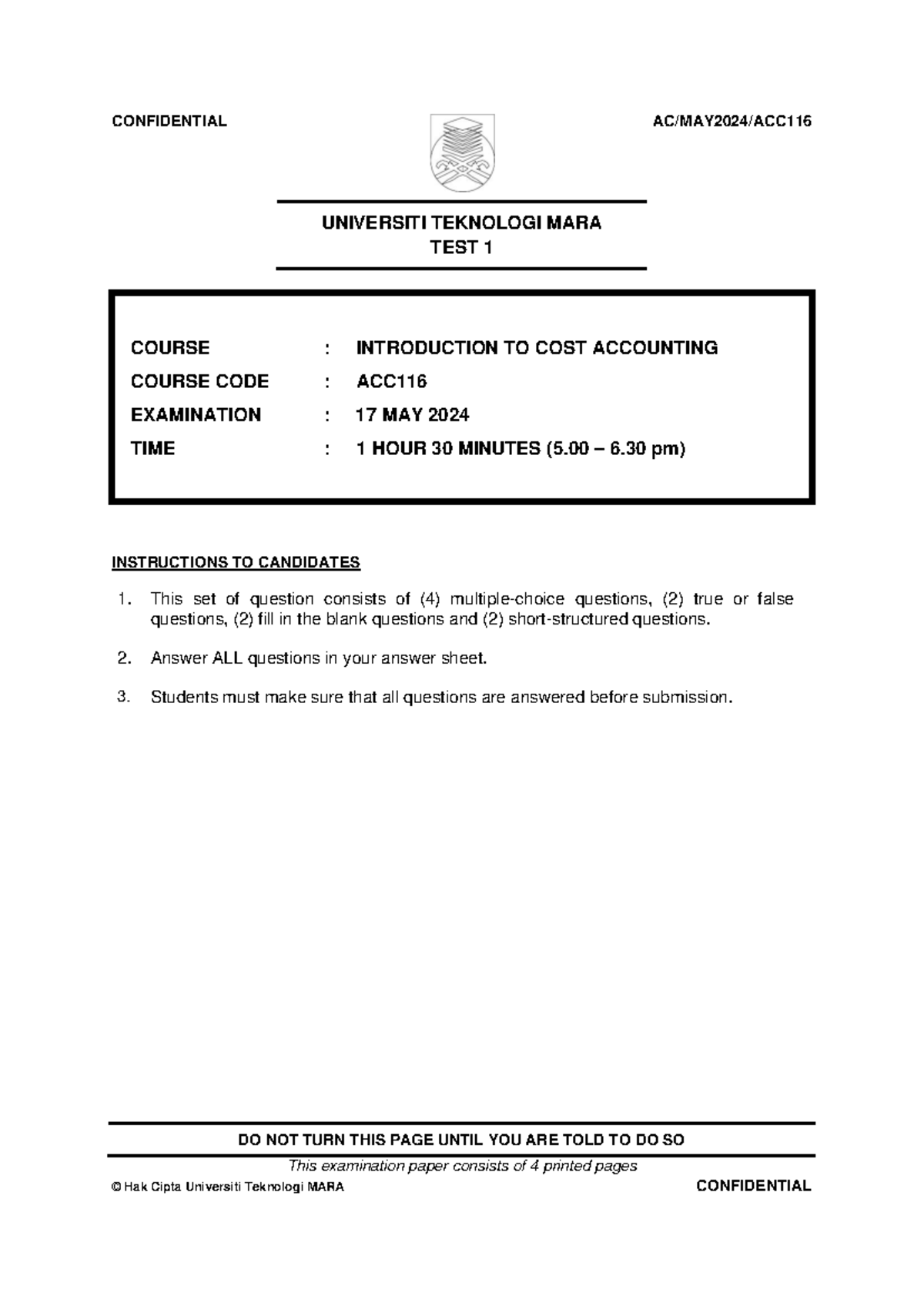ACC116 TEST1 QQ 17MAY2024 - UNIVERSITI TEKNOLOGI MARA TEST 1 COURSE ...