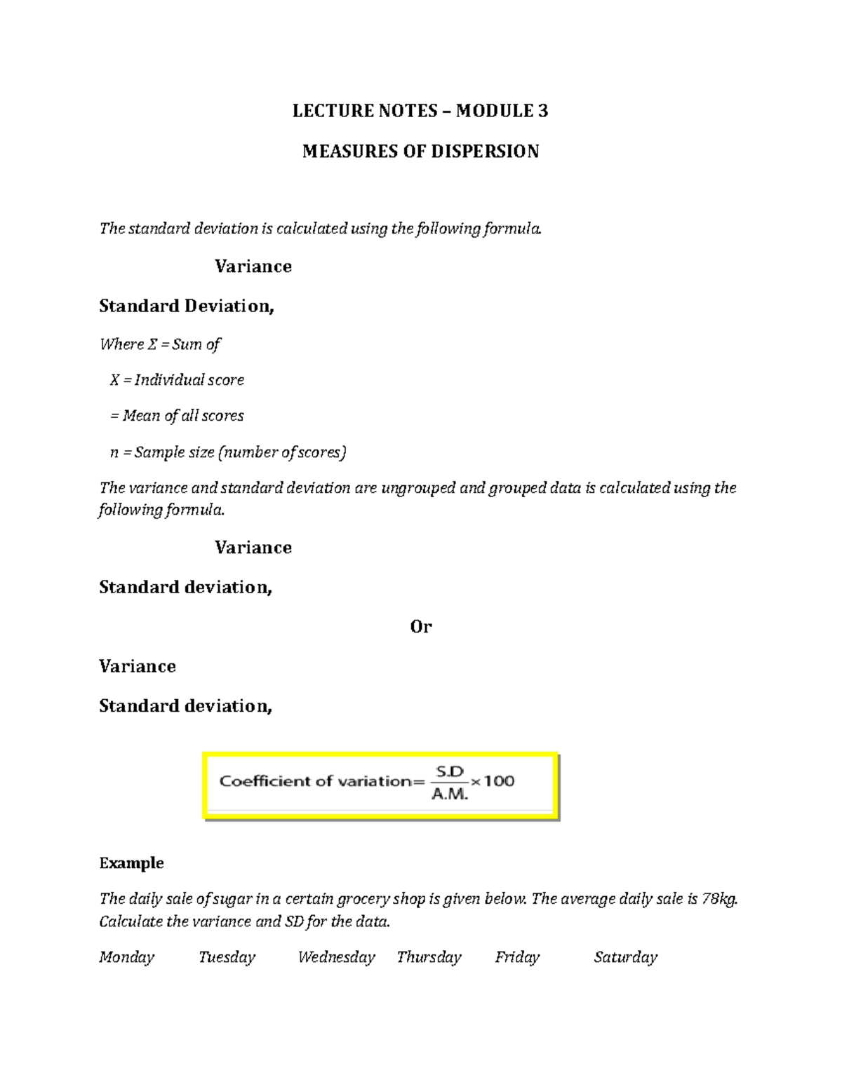 Lecture Notes 2 - study material - LECTURE NOTES – MODULE 3 MEASURES OF ...