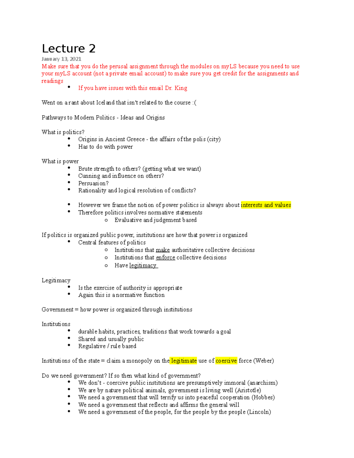 PO236 Lecture 2 notes - Lecture 2 January 13, 2021 Make sure that you ...