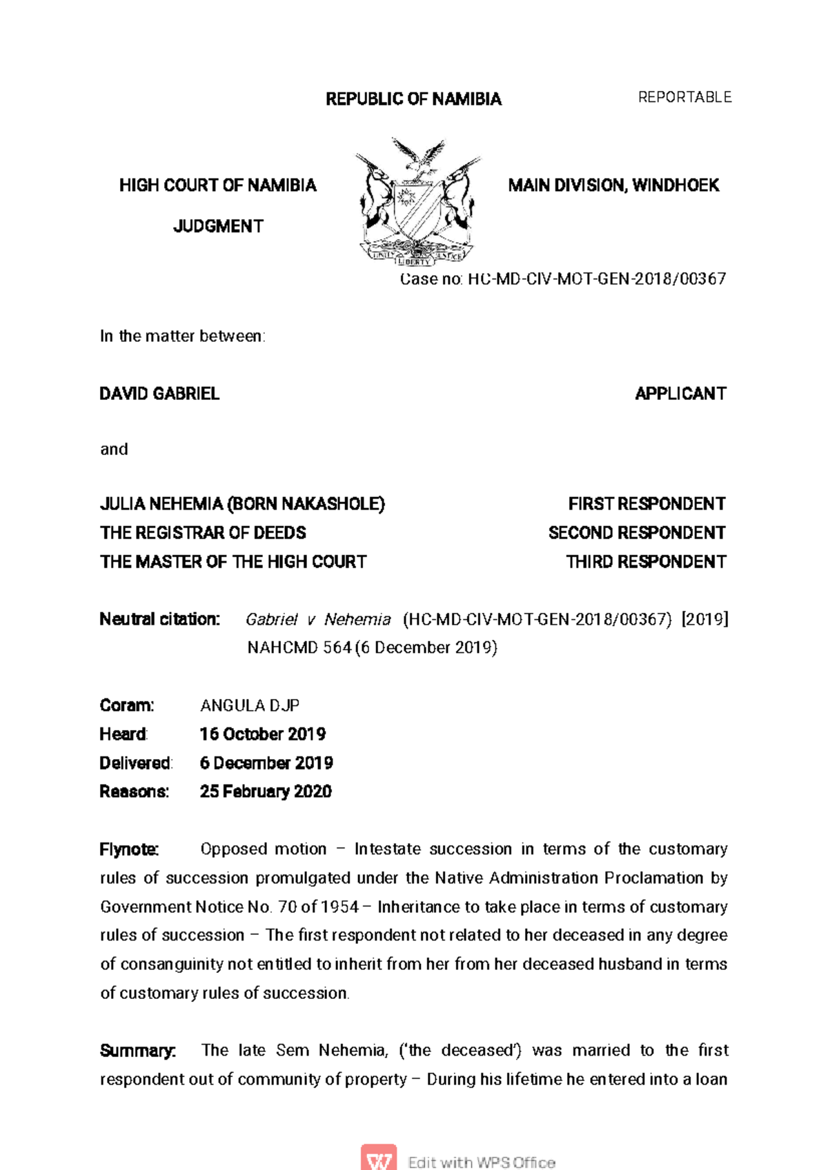 2019-nahcmd-564 - Full case - REPUBLIC OF NAMIBIA HIGH COURT OF NAMIBIA ...
