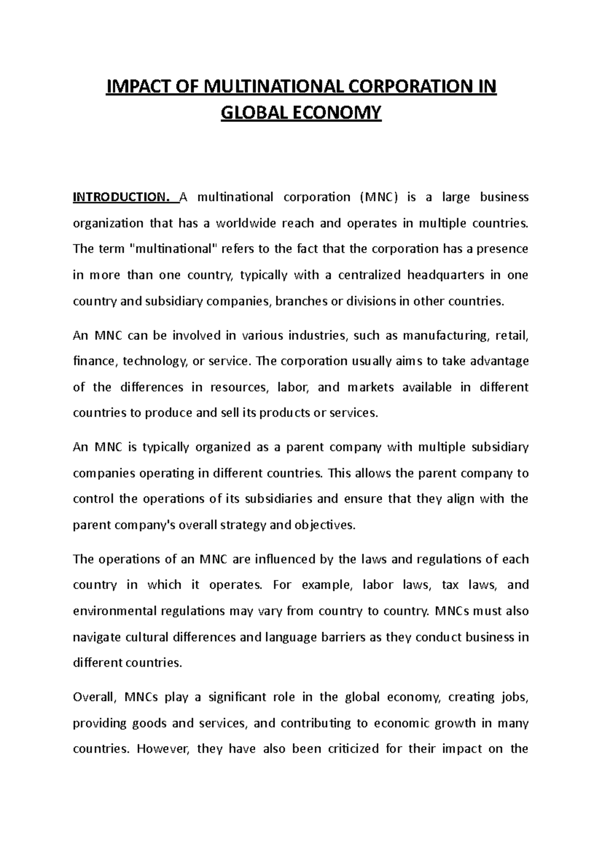 Impact of Multinational Corporation in Global Economy - IMPACT OF ...