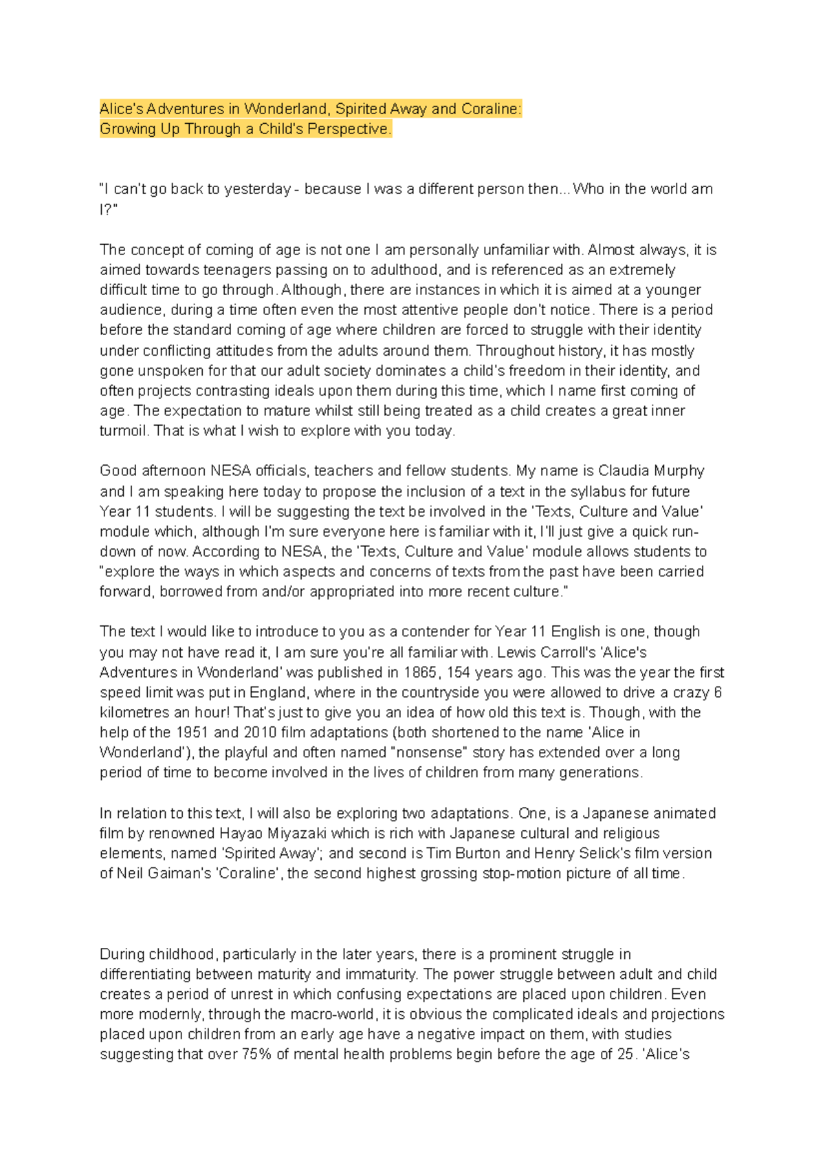 Text, Culture & Value Speech - Alice’s Adventures in Wonderland ...