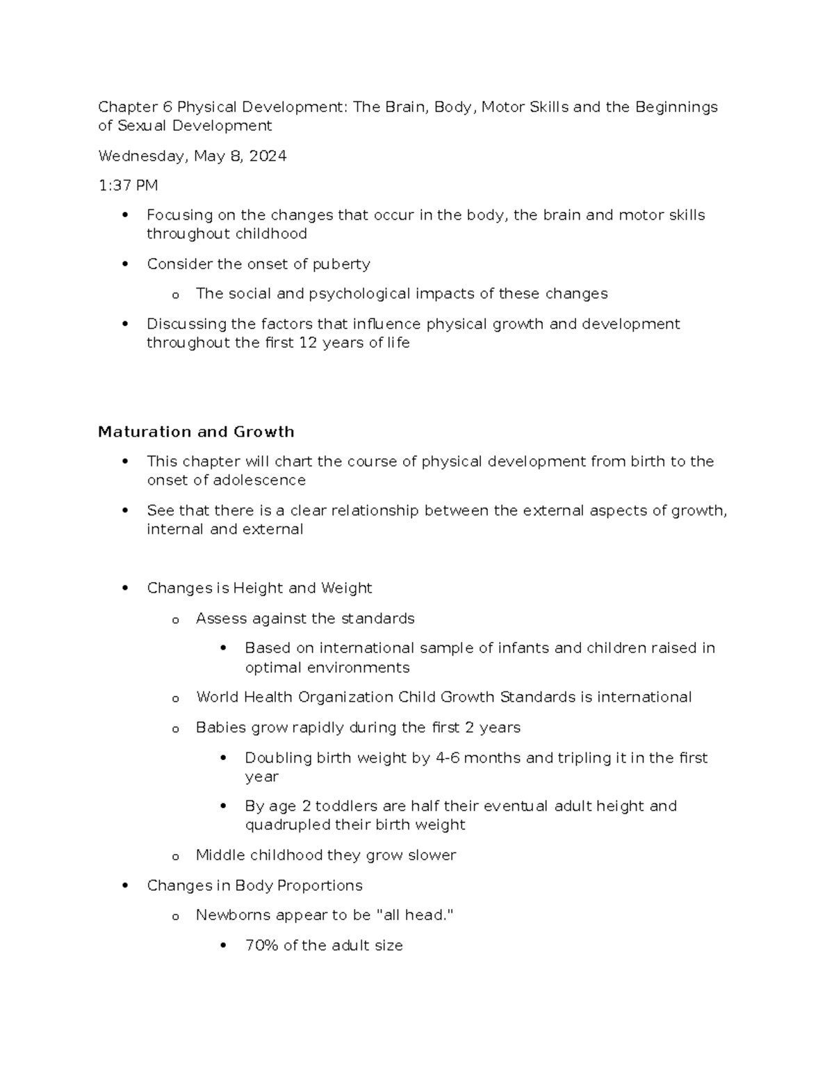 Chapter 6 Physical Development PSYC2005 - Chapter 6 Physical Development: The Brain, Body, Motor ...