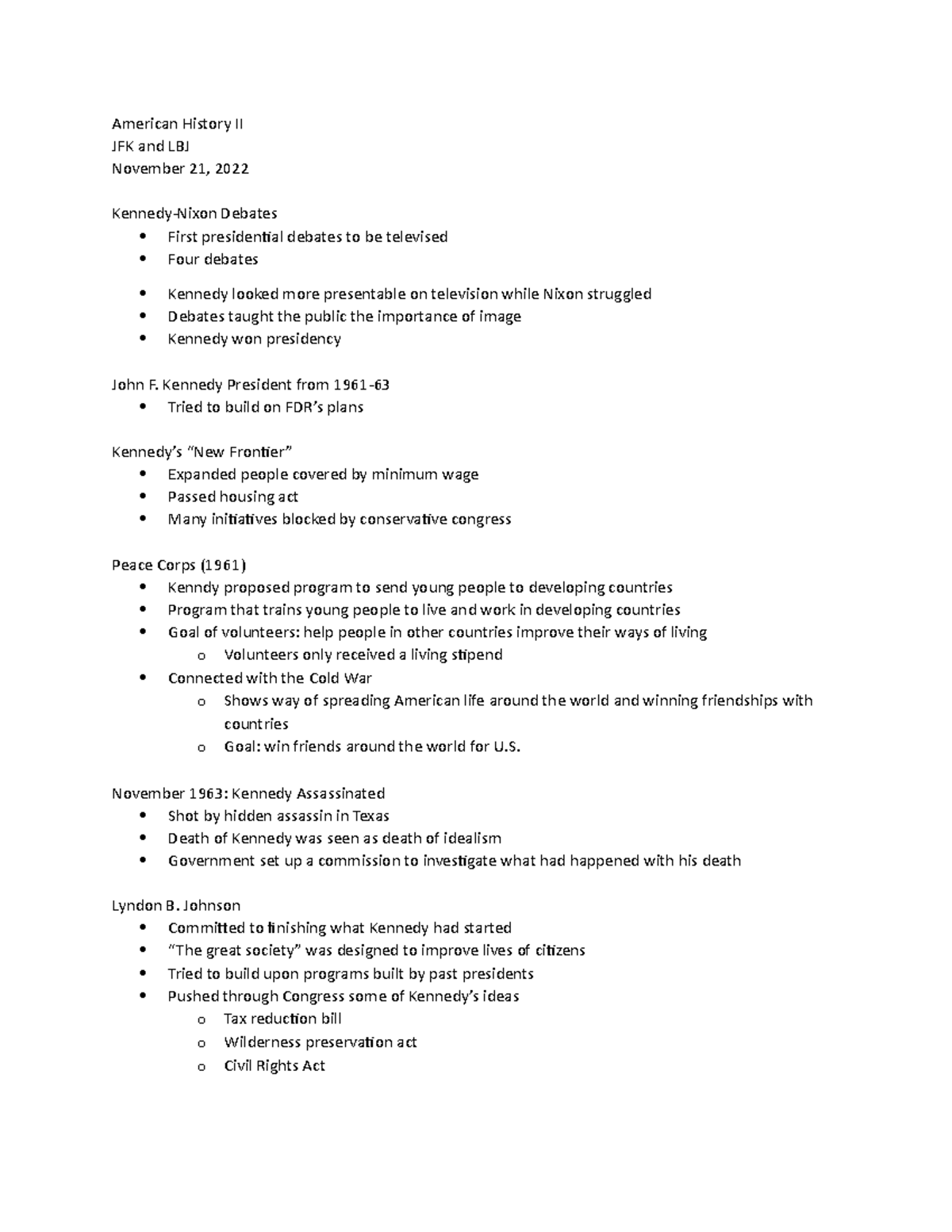 JFK and LBJ - 2022 FALL HIST1302AB American History II - Sara Fieldston ...